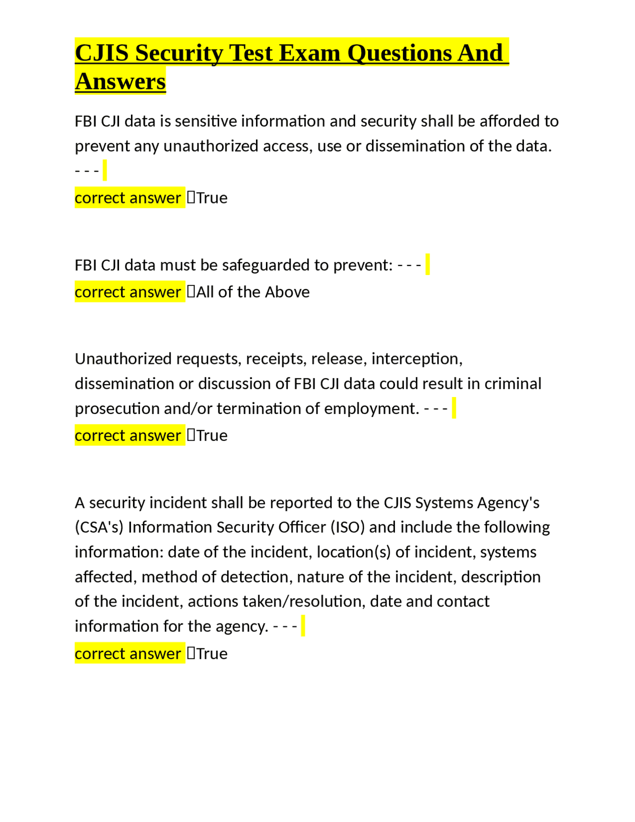 CJIS Security Test Exam Questions And Answers | Exams Computer Security ...