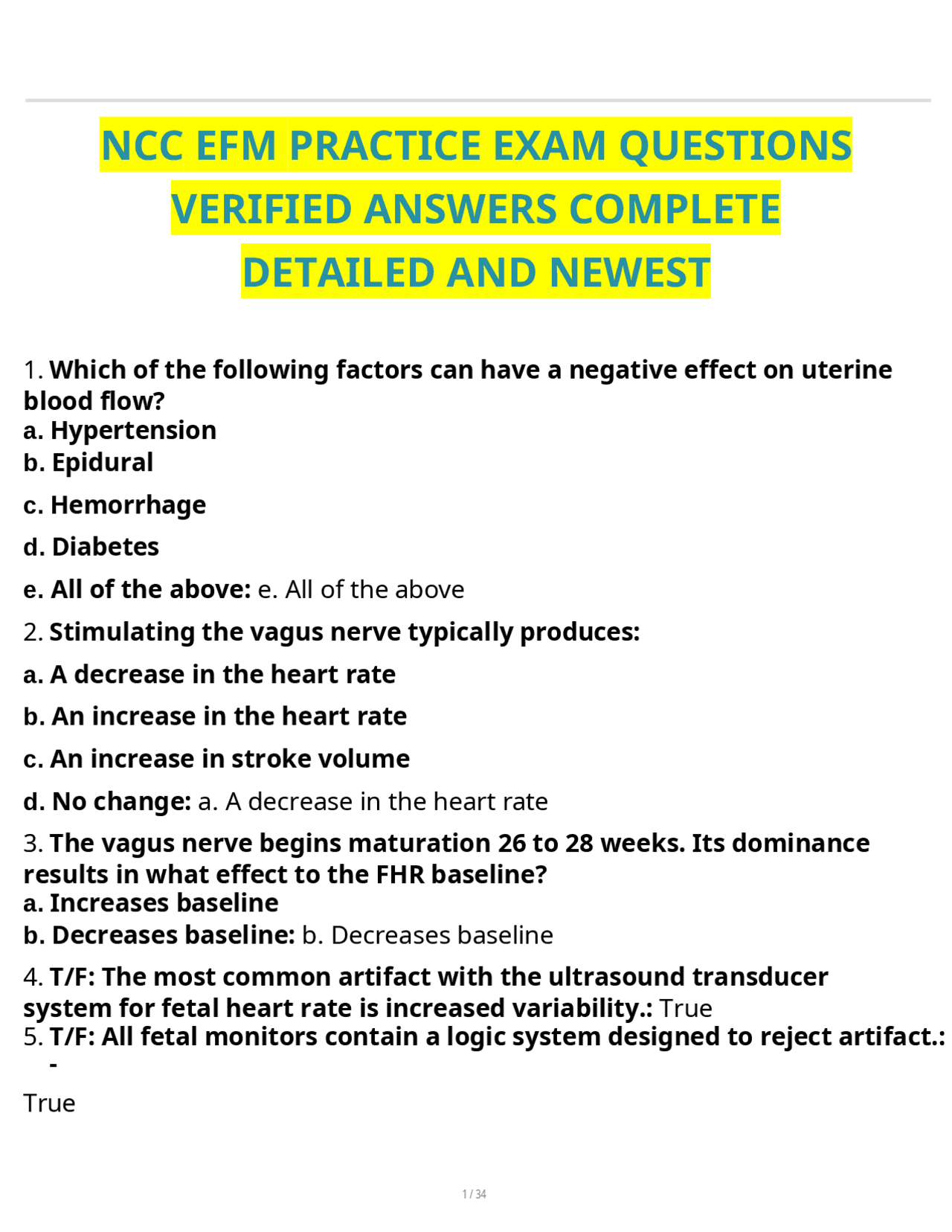 NCC EFM PRACTICE EXAM QUESTIONS VERIFIED ANSWERS COMPLETE DETAILED AND NEWEST | Exams Nursing ...