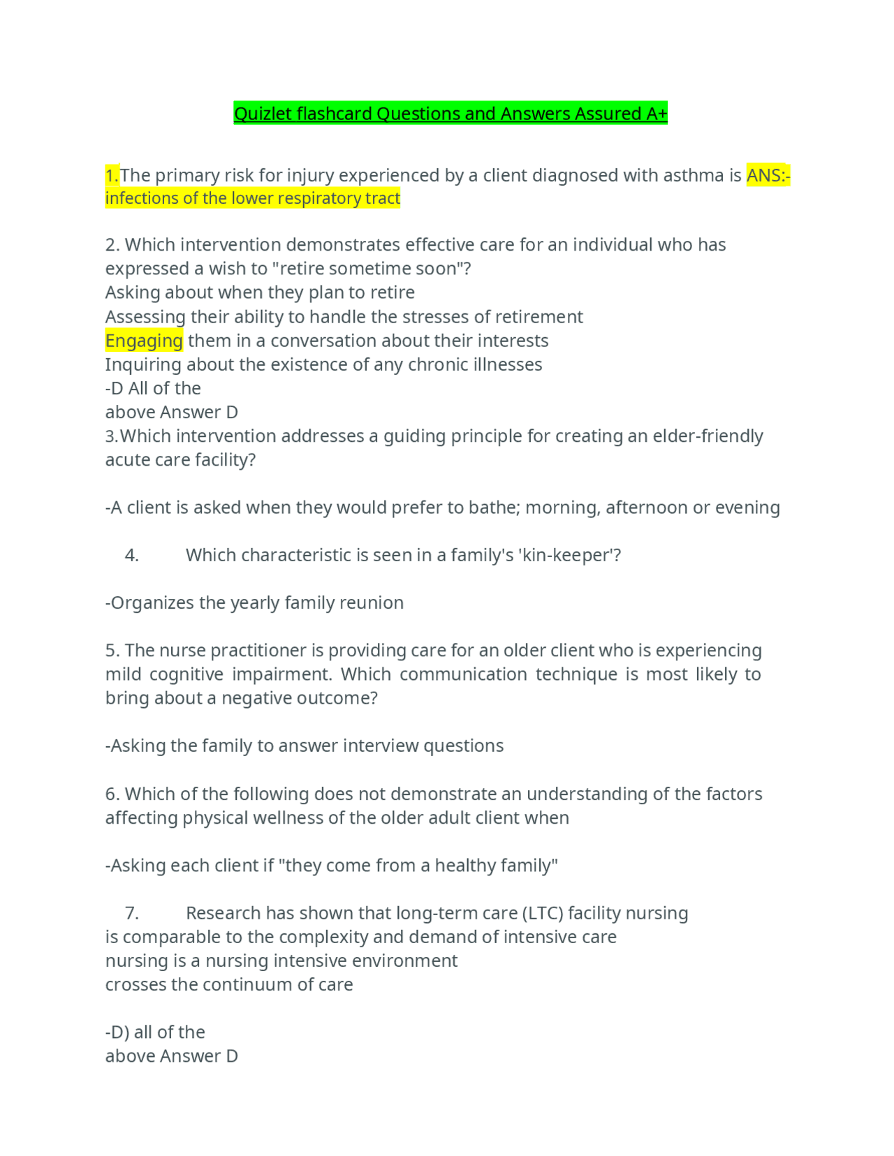 Quizlet flashcard Questions and Answers Assured A+ | Exams Nursing ...