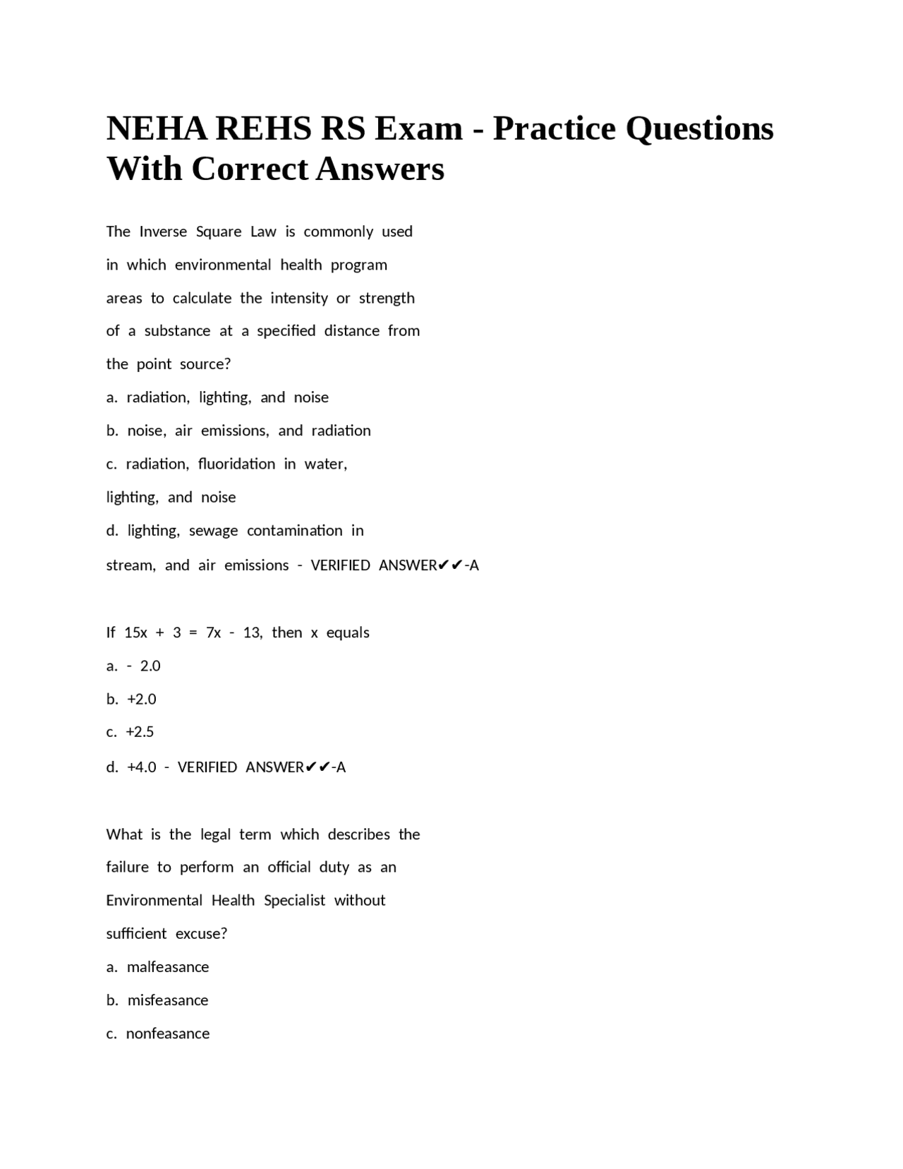 NEHA REHS RS Exam - Practice Questions With Correct Answers. | Exams ...
