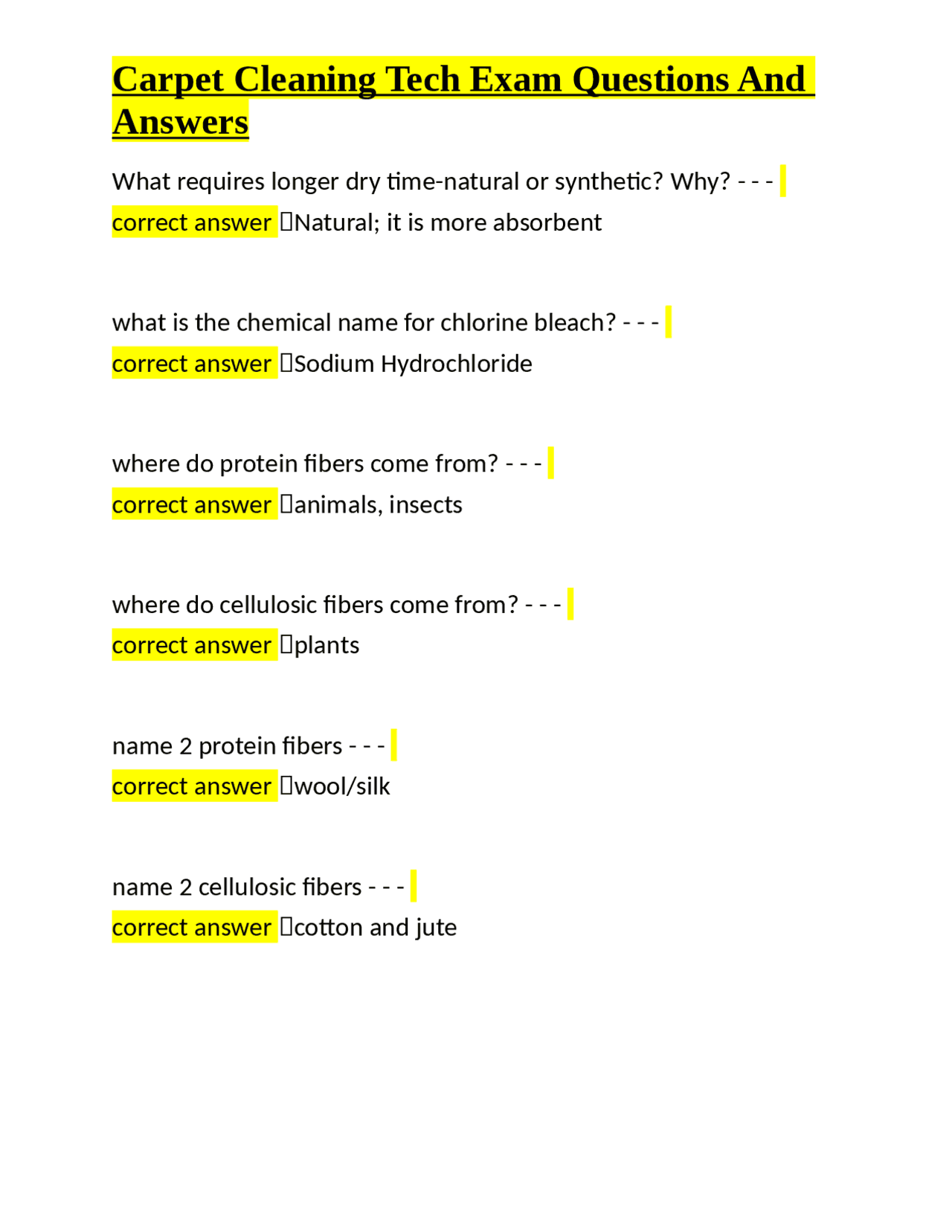 Carpet Cleaning Tech Exam Questions And Answers | Exams Chemistry | Docsity