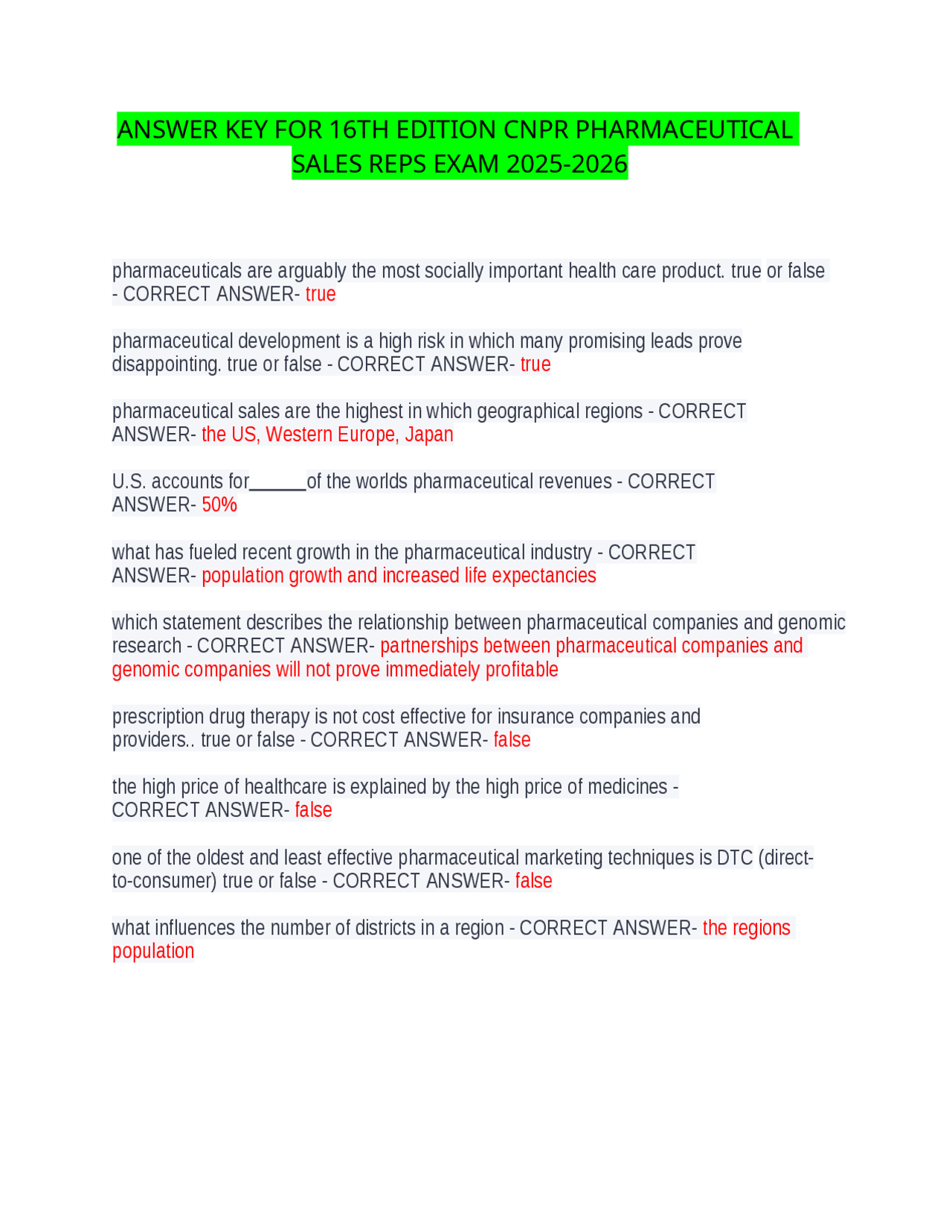 CNPR Exam Answer Key 2025-2026: Pharmaceutical Sales and Regulations ...