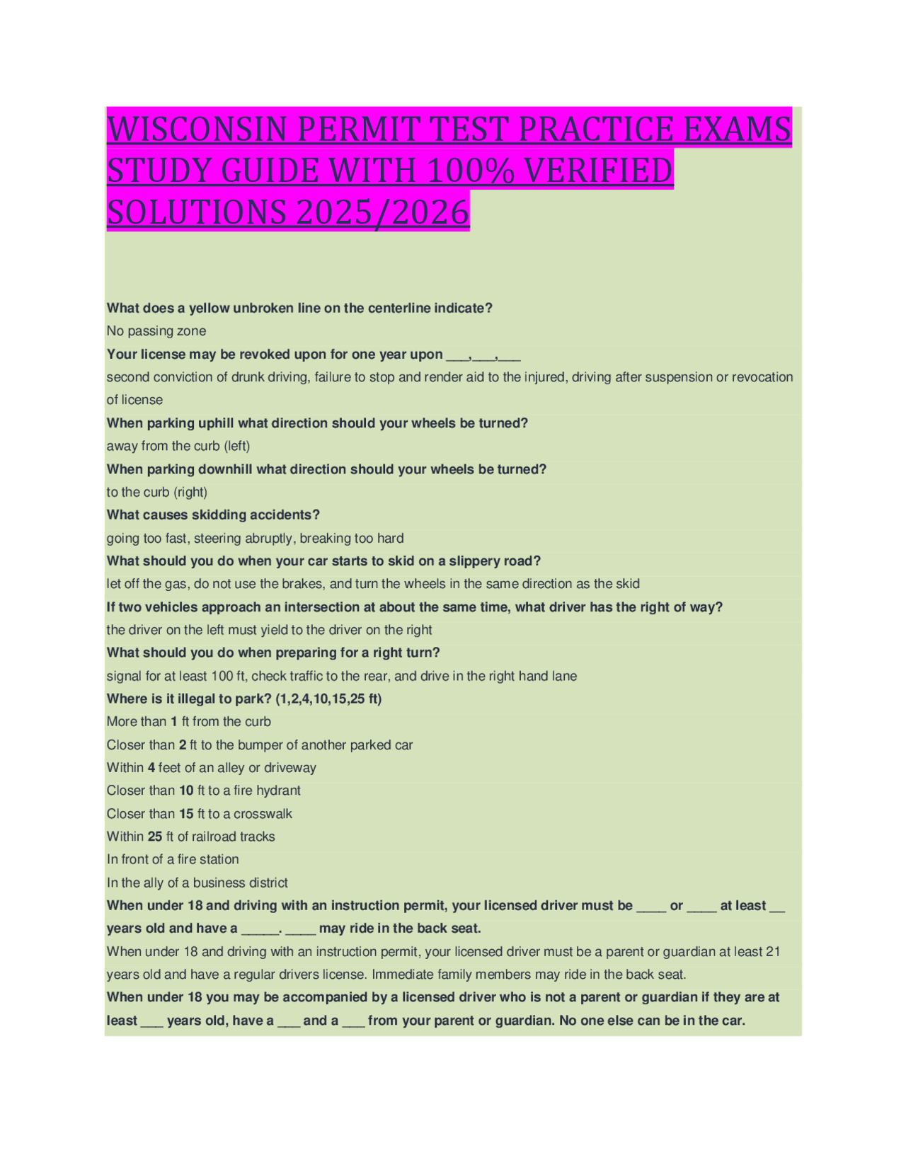 WISCONSIN PERMIT TEST PRACTICE EXAMS STUDY GUIDE WITH 100% VERIFIED ...