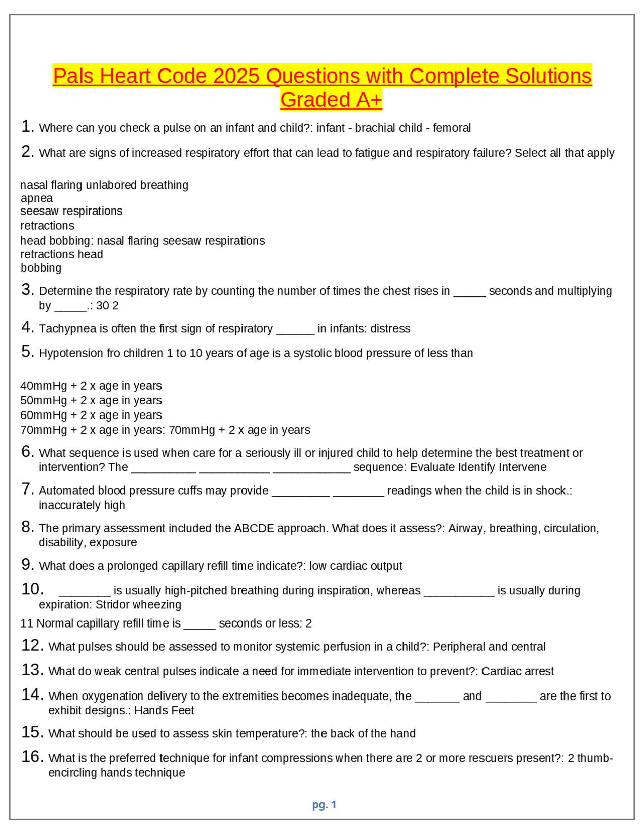 PALS Heart Code 2025: Practice Questions and Answers | Exams Nursing ...