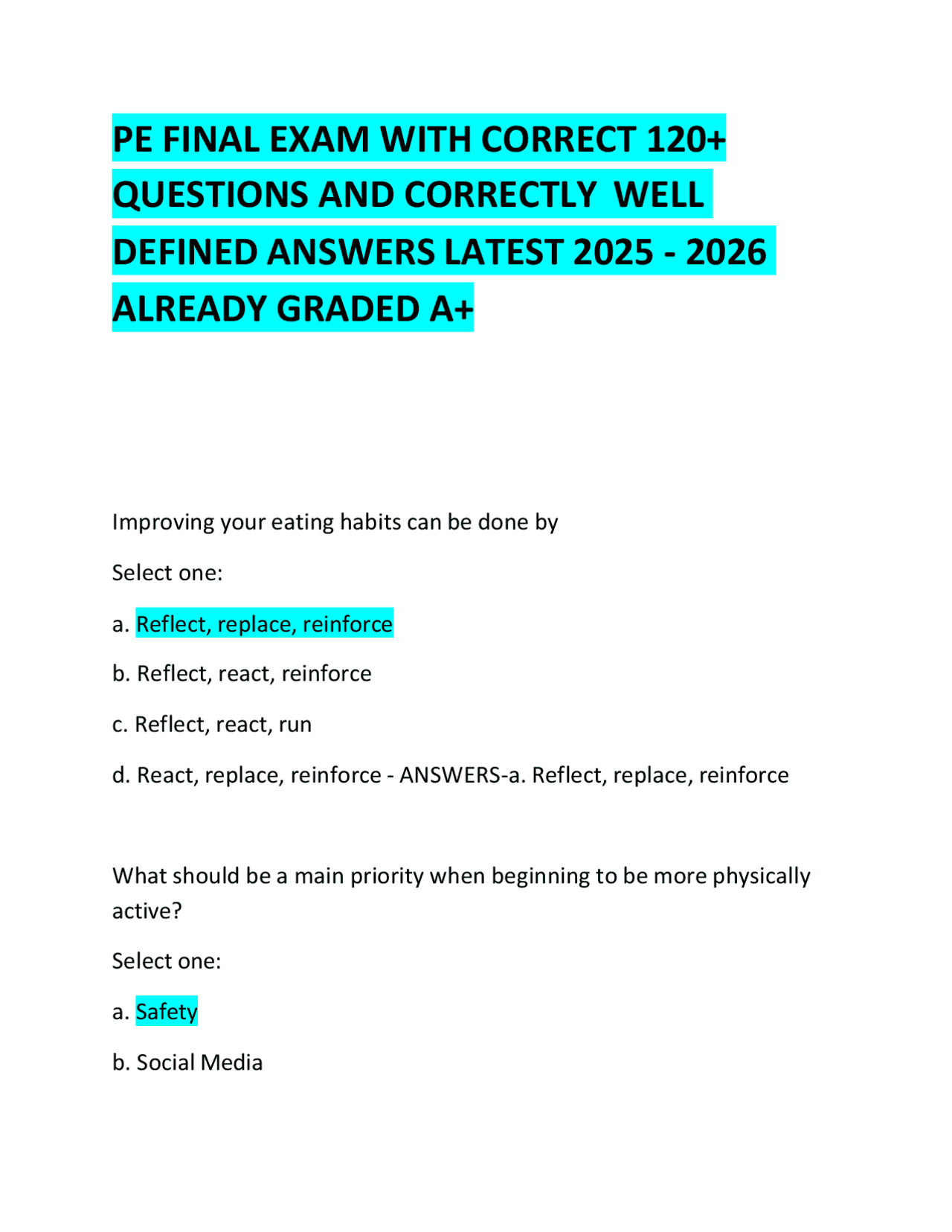 PE FINAL EXAM WITH CORRECT 120+ QUESTIONS AND CORRECTLY WELL DEFINED ...
