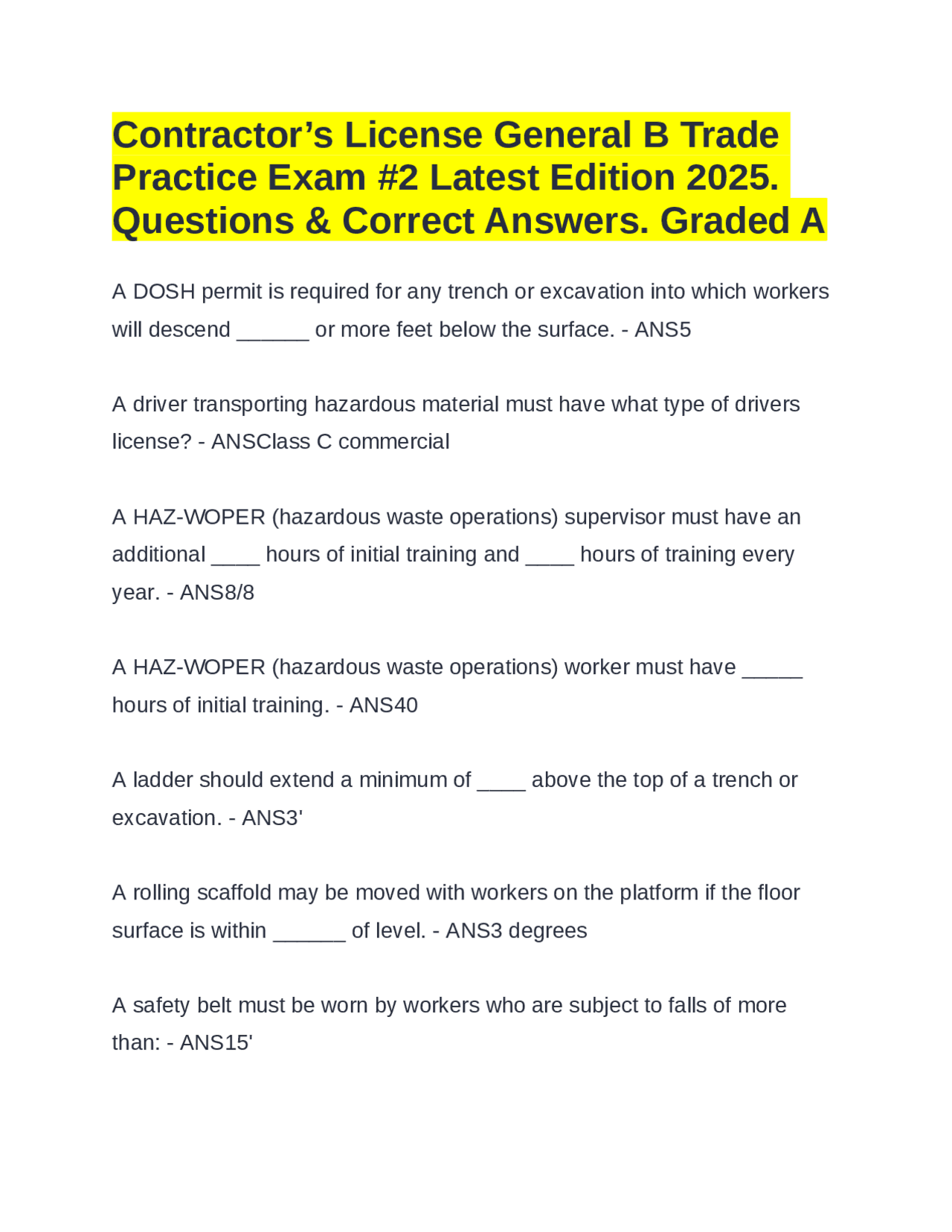 Contractor’s License General B Trade Practice Exam #2 Latest Edition ...