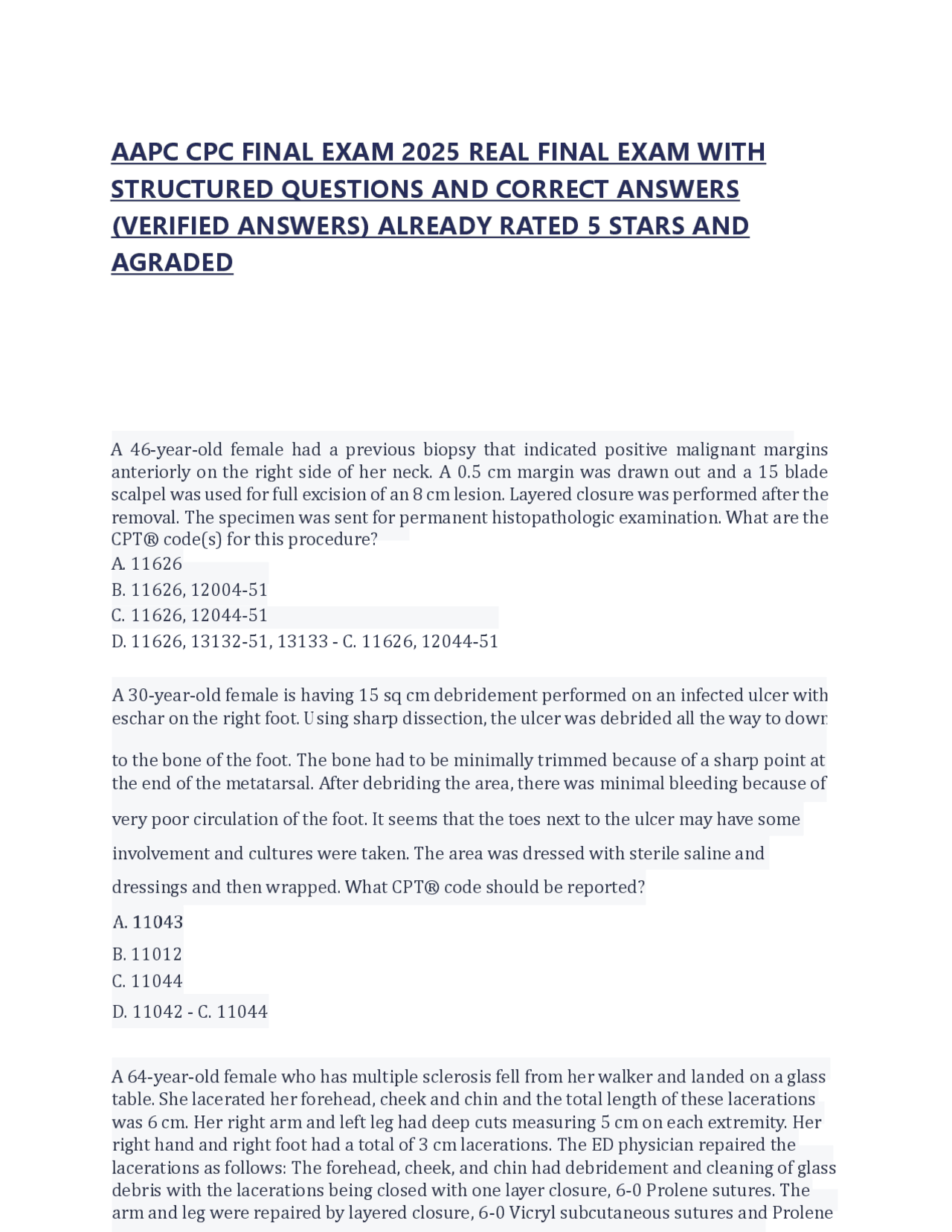 AAPC CPC FINAL EXAM 2025 REAL FINAL EXAM WITH STRUCTURED QUESTIONS AND CORRECT ANSWERS | Exams ...