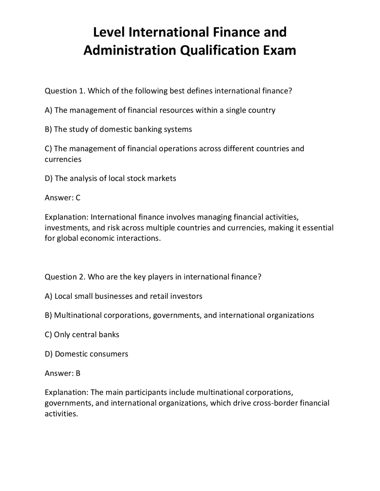 Level International Finance and Administration Qualification Exam ...