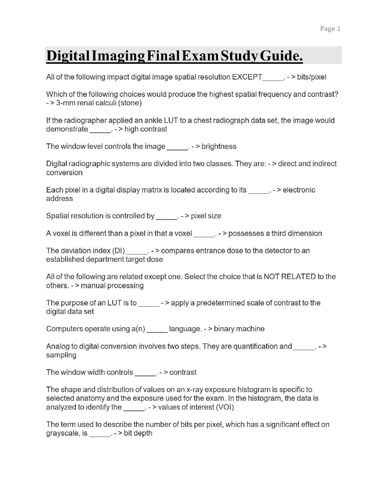 Digital Imaging Final Exam Study Guide. | Exams Medical imaging | Docsity