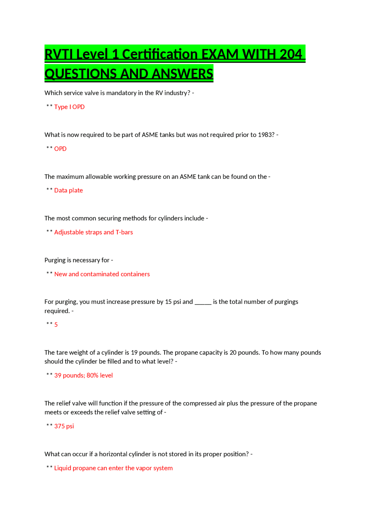 RVTI Level 1 Certification EXAM WITH 204 QUESTIONS AND ANSWERS | Exams ...