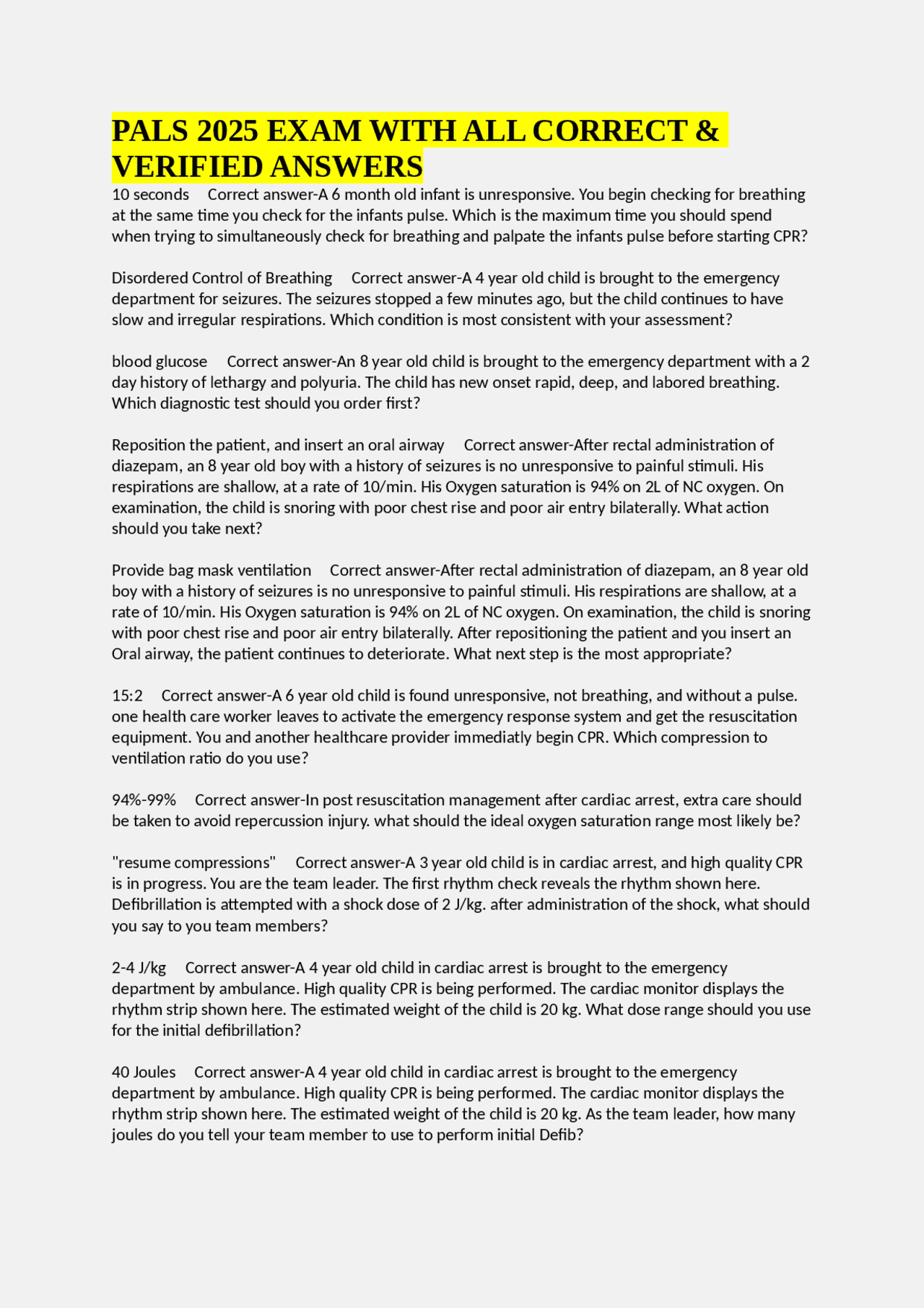 2025 PALS EXAM A WITH ALL CORRECT & VERIFIED ANSWERS | Exams Nursing ...