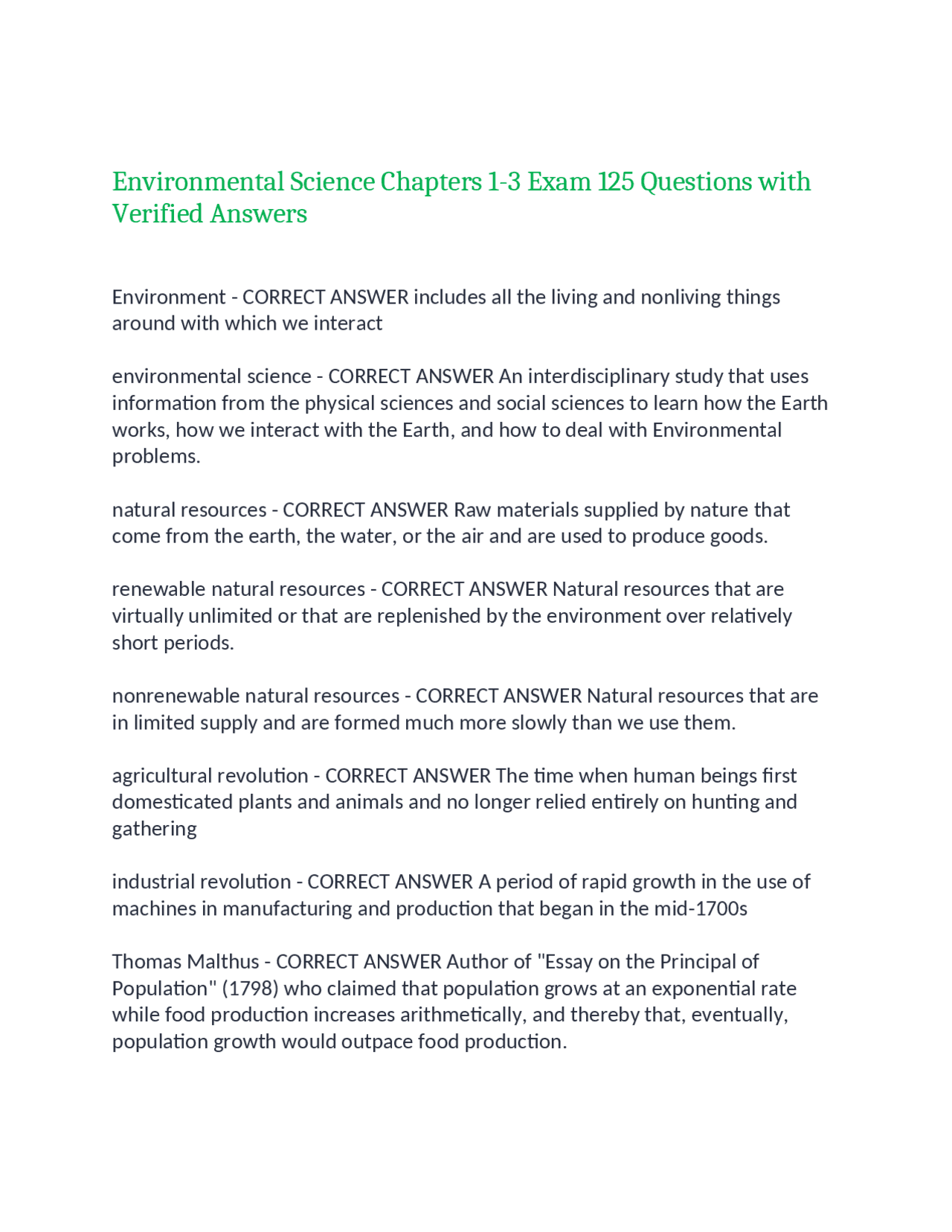 Environmental Science Chapters 1-3 Exam 125 Questions with Verified ...