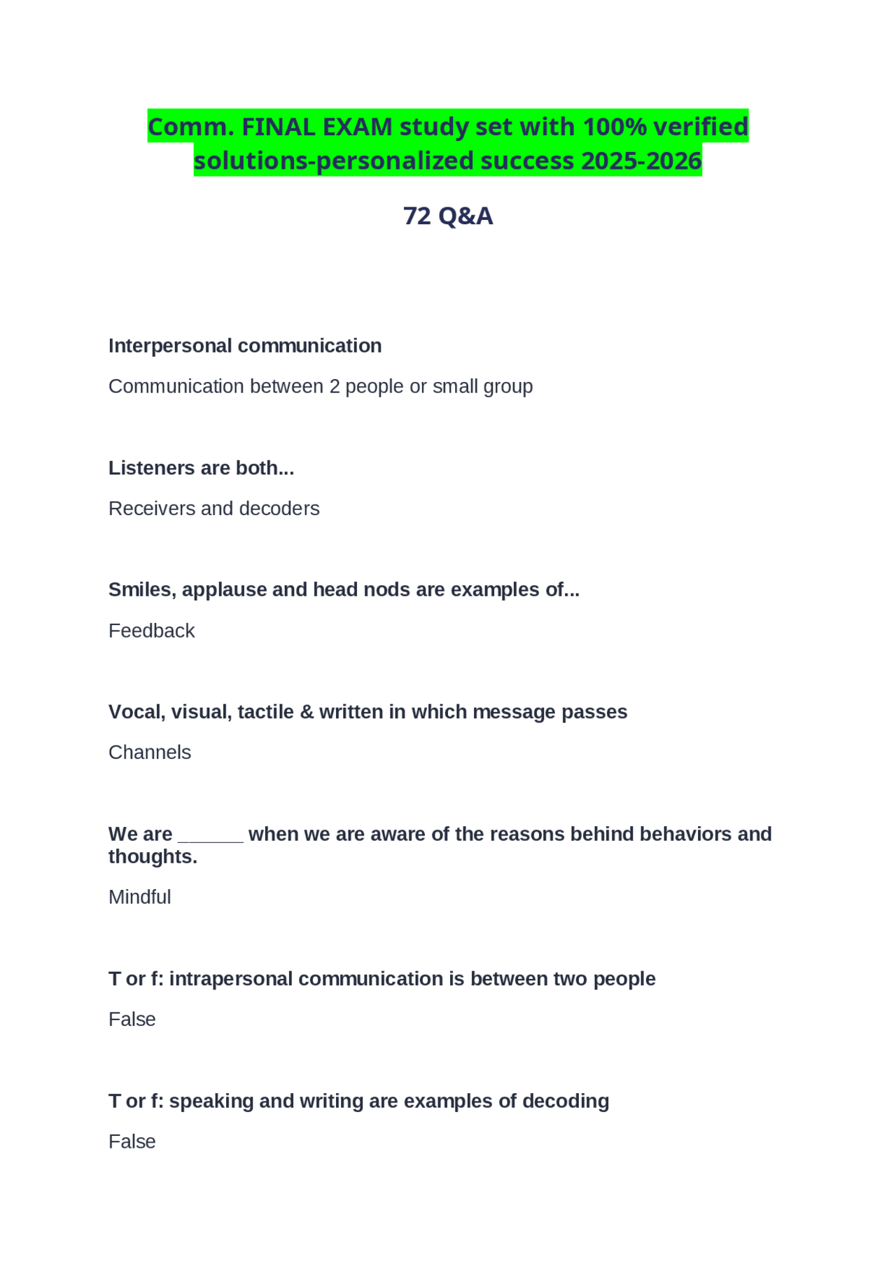 Comm. FINAL EXAM study set with 100% verified solutions-personalized success 2025-2026 | Exams ...