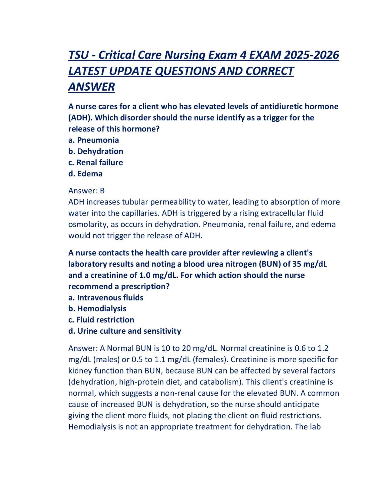 TSU – Critical Care Nursing Exam 4 (2025–2026) – Latest Updated ...