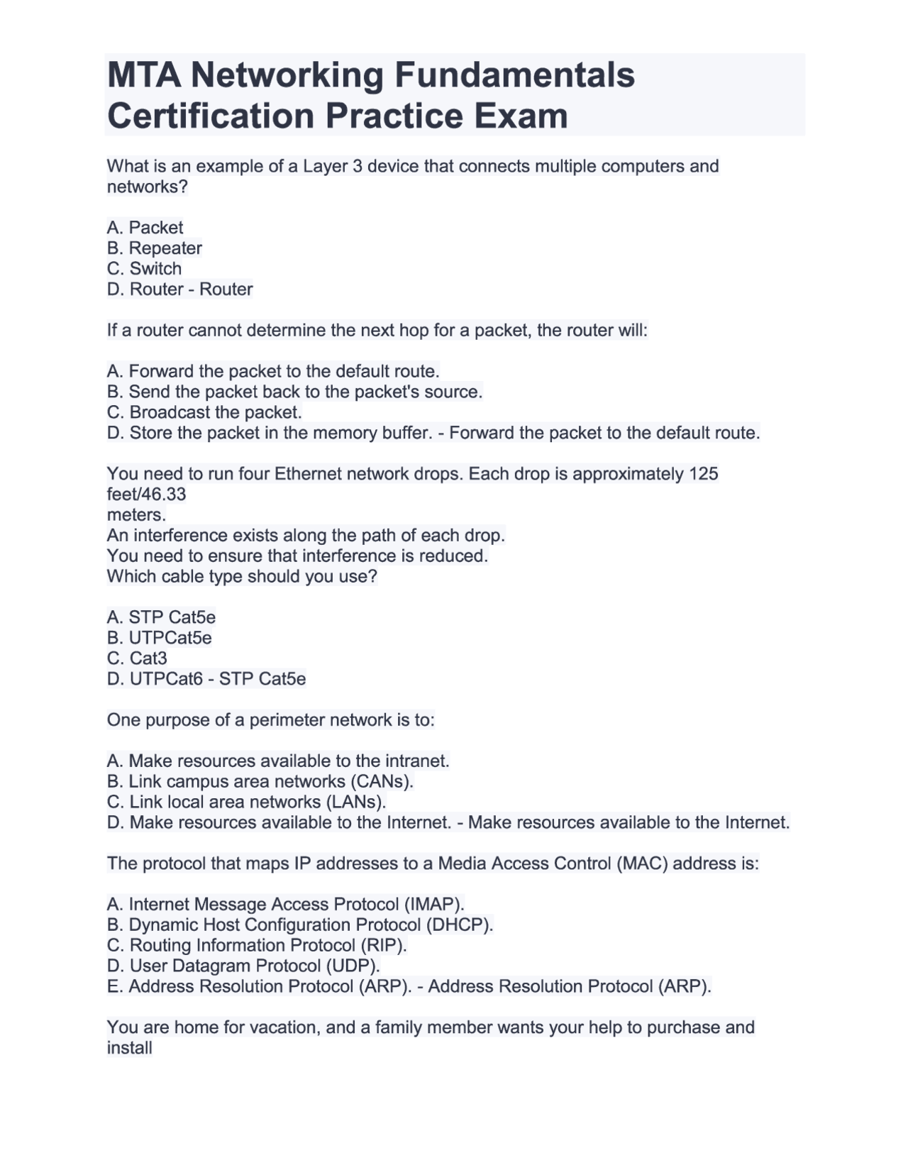 MTA NETWORKING FUNDAMENTALS CERTIFICATION PRACTICE EXAM QUESTIONS AND ANSWERS | Exams Wireless ...