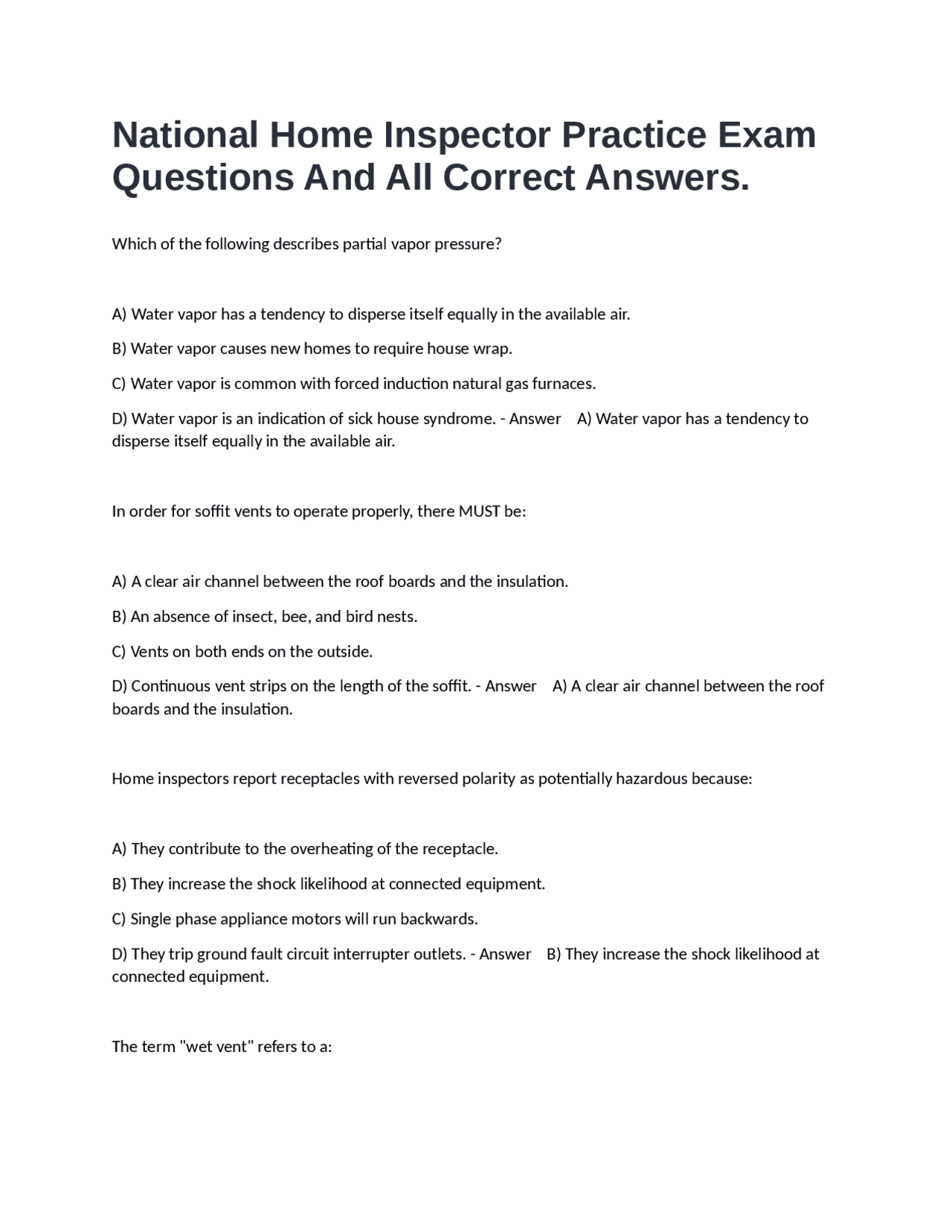 National Home Inspector Practice Exam Questions And All Correct Answers ...