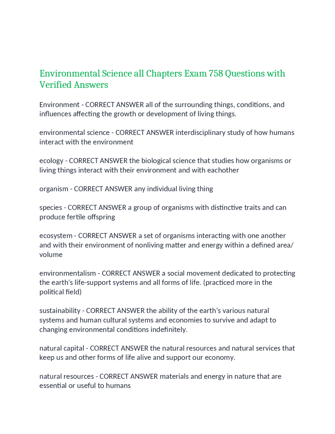 Environmental Science all Chapters Exam 758 Questions with Verified ...