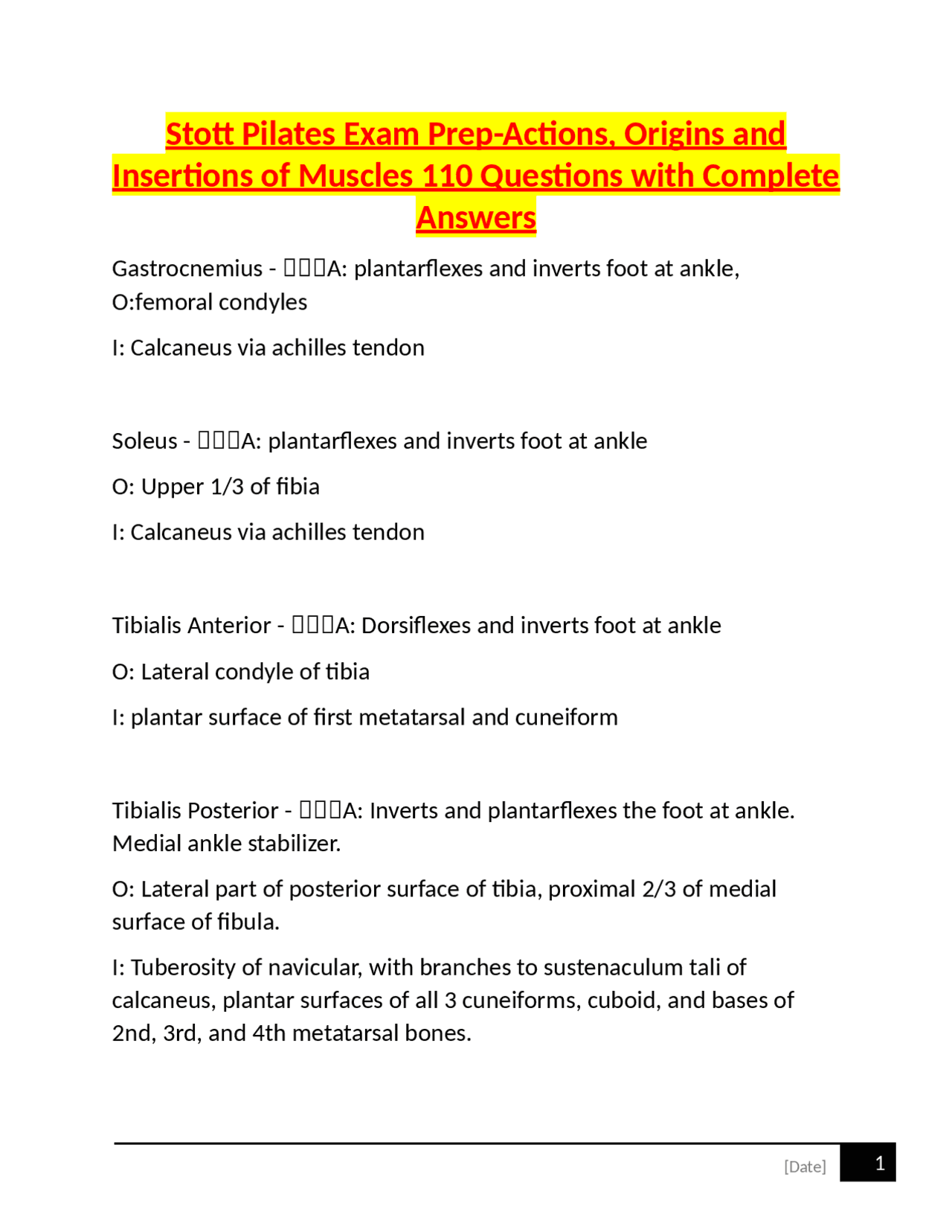 Stott Pilates Exam Prep-Actions, Origins and Insertions of Muscles 110 ...