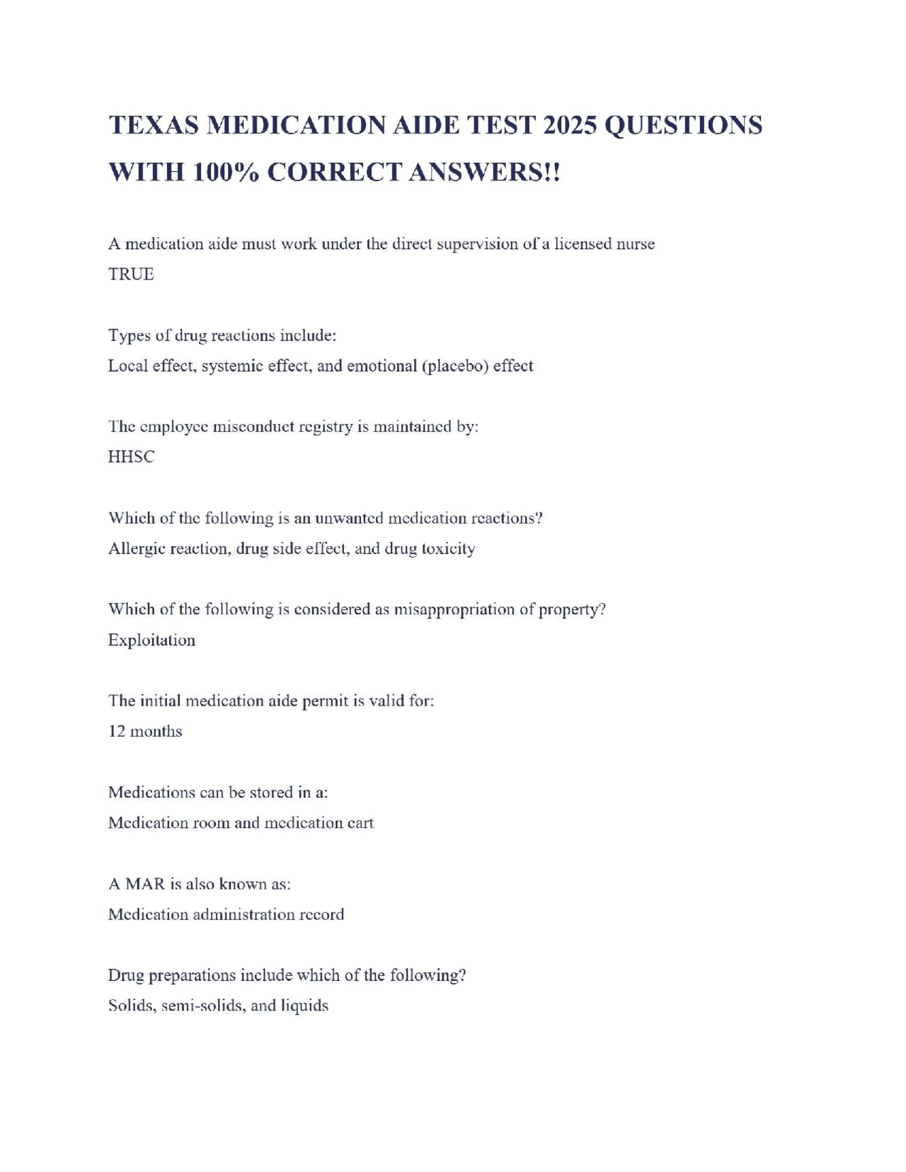 TEXAS MEDICATION AIDE TEST 2025 QUESTIONS WITH 100% CORRECT ANSWERS ...