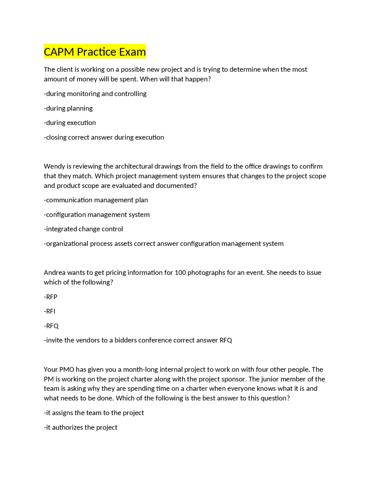 CAPM Practice Examination Questions | Exams Business Fundamentals | Docsity