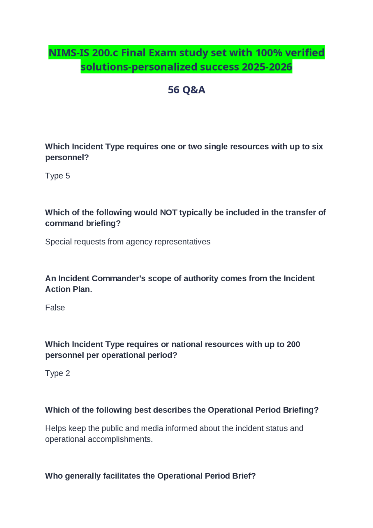 NIMS-IS 200.c Final Exam study set with 100% verified solutions ...