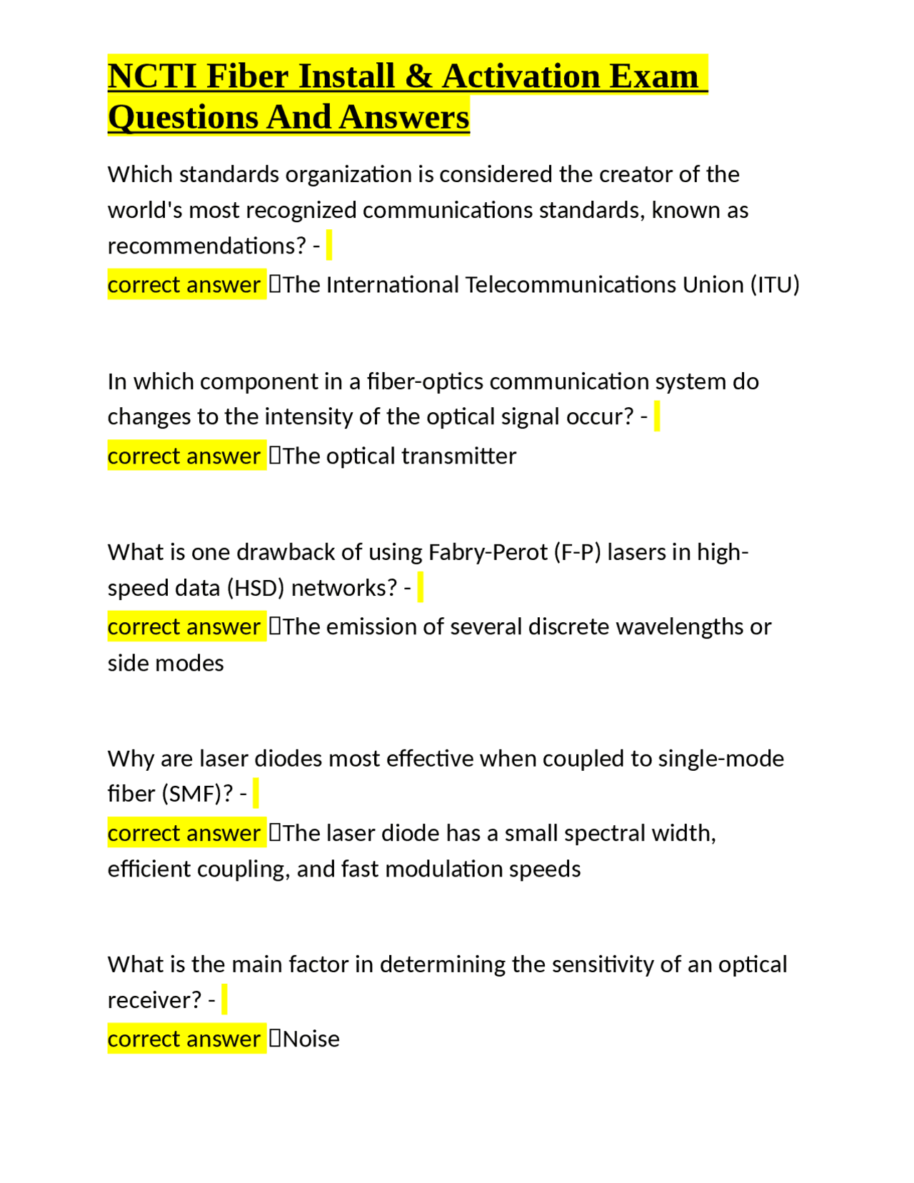 NCTI Fiber Install & Activation Exam Questions And Answers | Exams ...