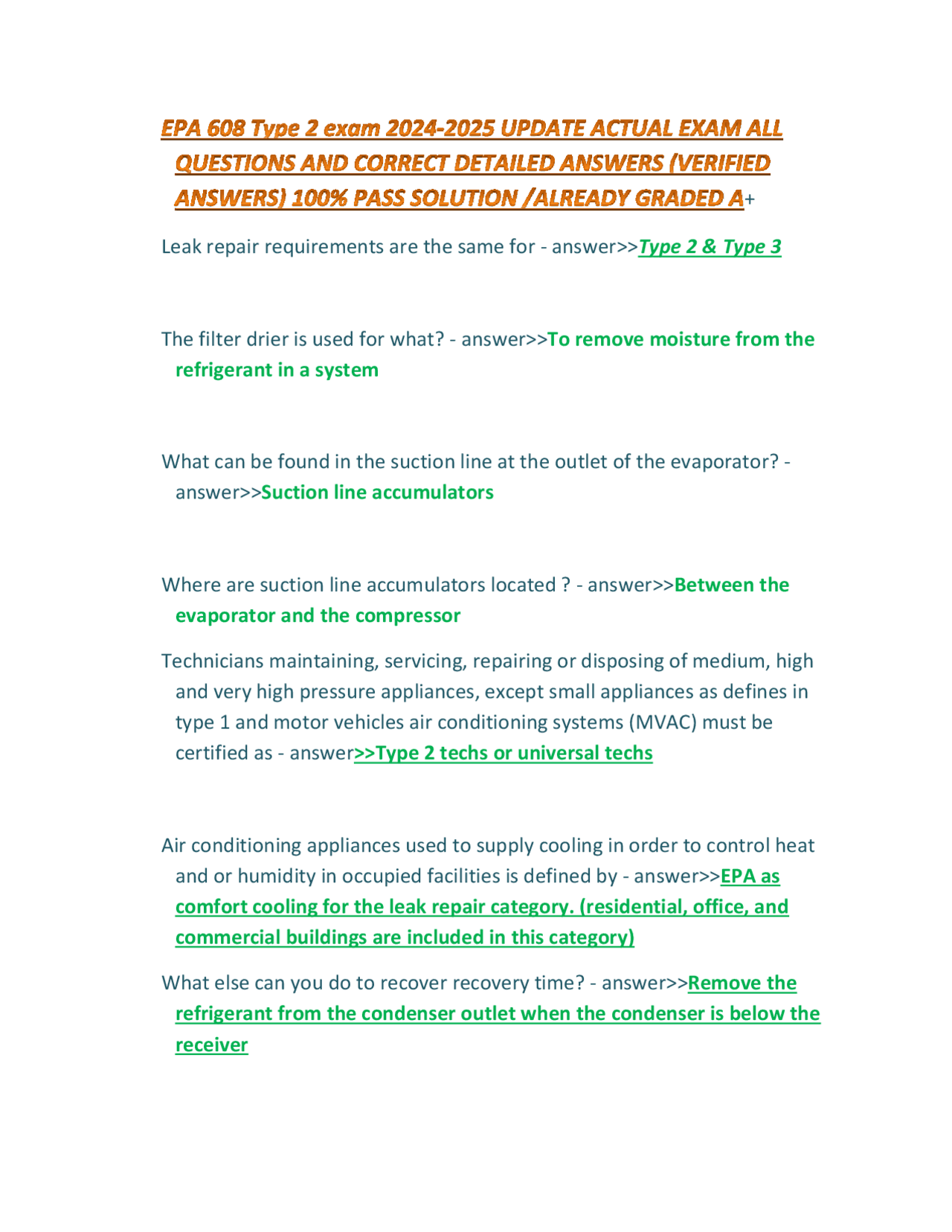EPA 608 Type 2 exam 2025.pdf | Exams Public Health | Docsity