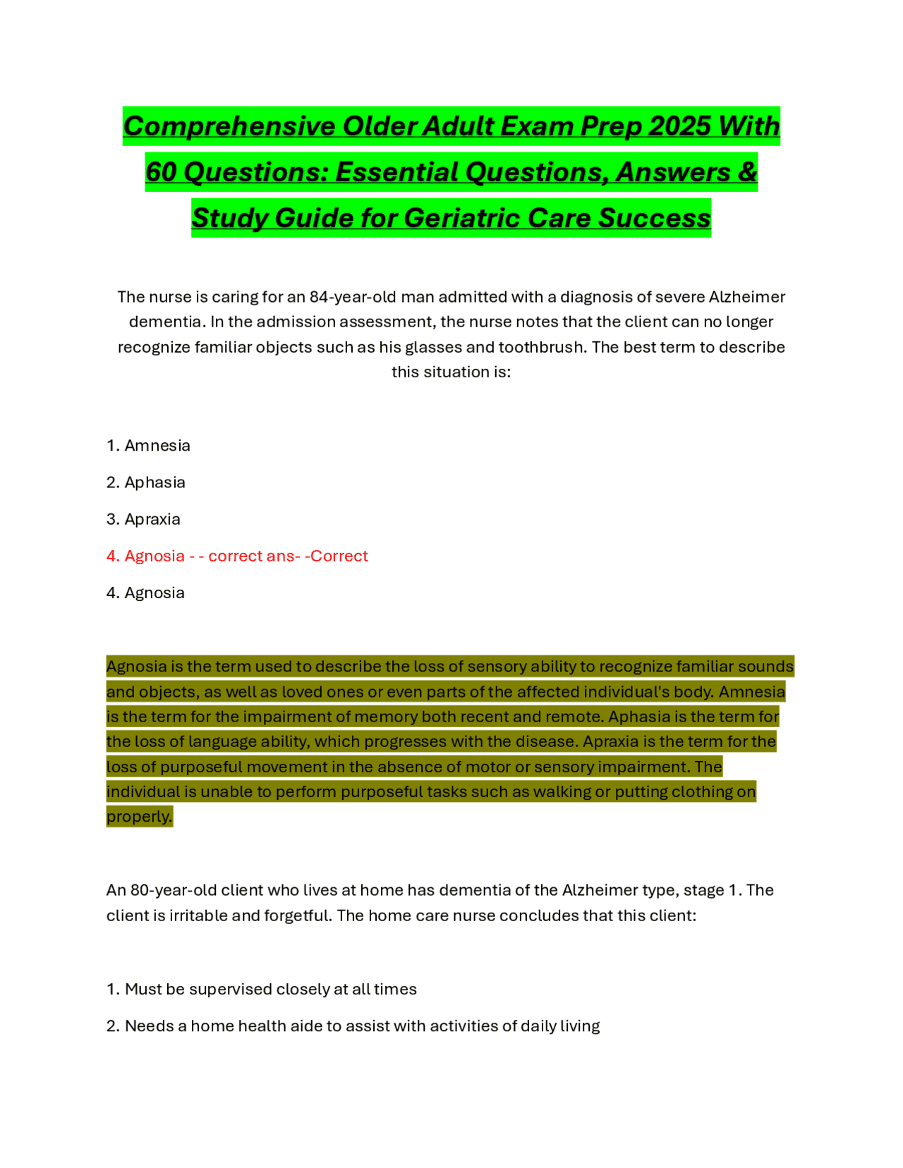 Comprehensive Older Adult Exam Prep 2025 With 60 Questions: Essential ...