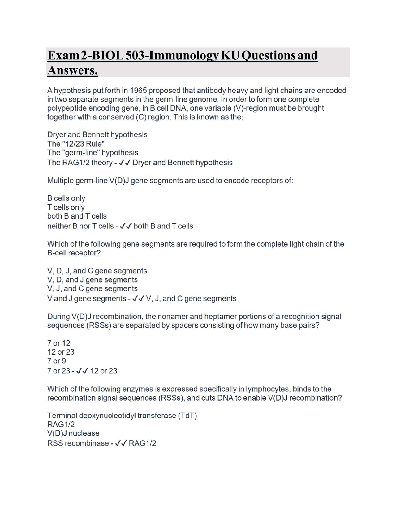 Exam 2-BIOL 503-Immunology KU Questions and Answers. | Exams Biology ...