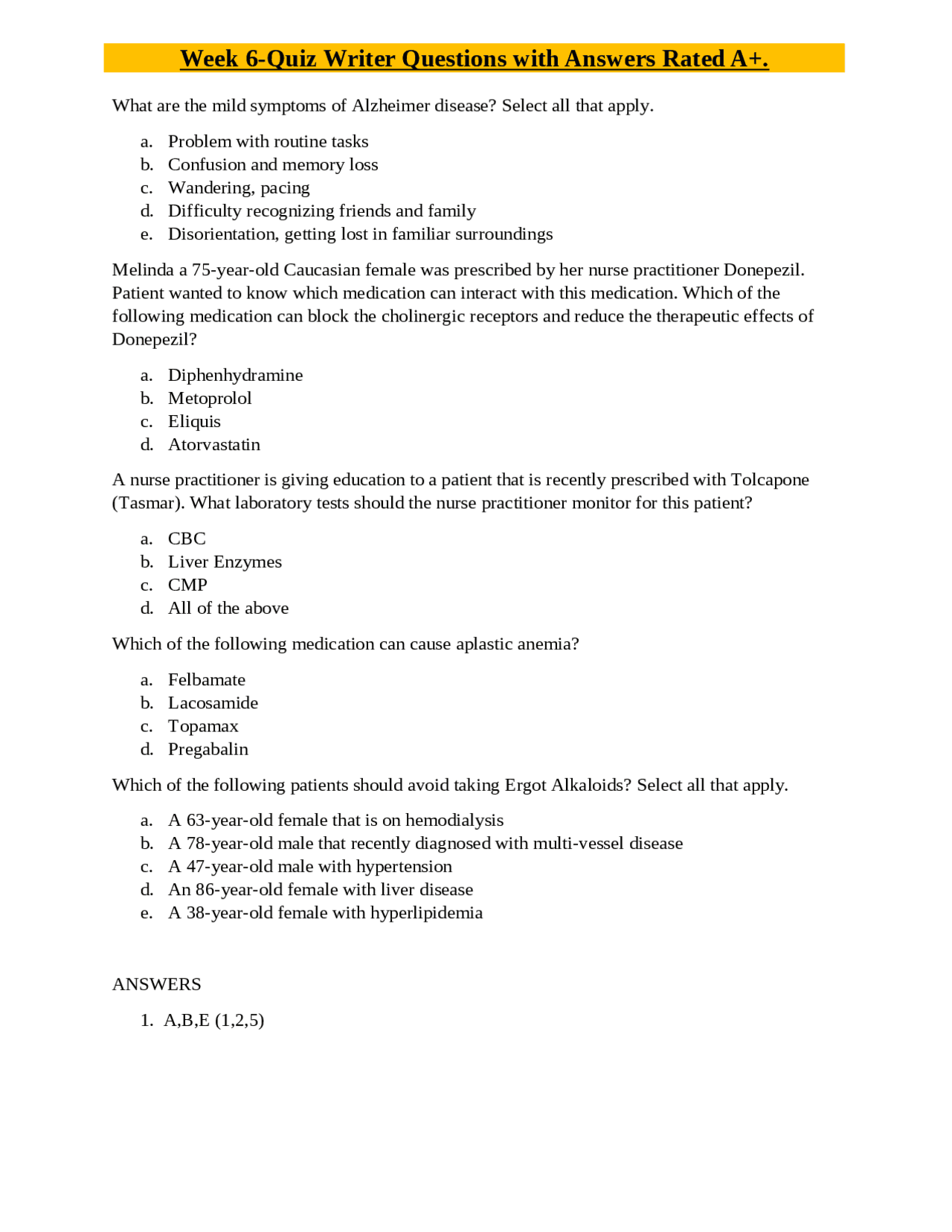 Week 6-Quiz Writer Questions with Answers Rated A+. | Exams Nursing ...