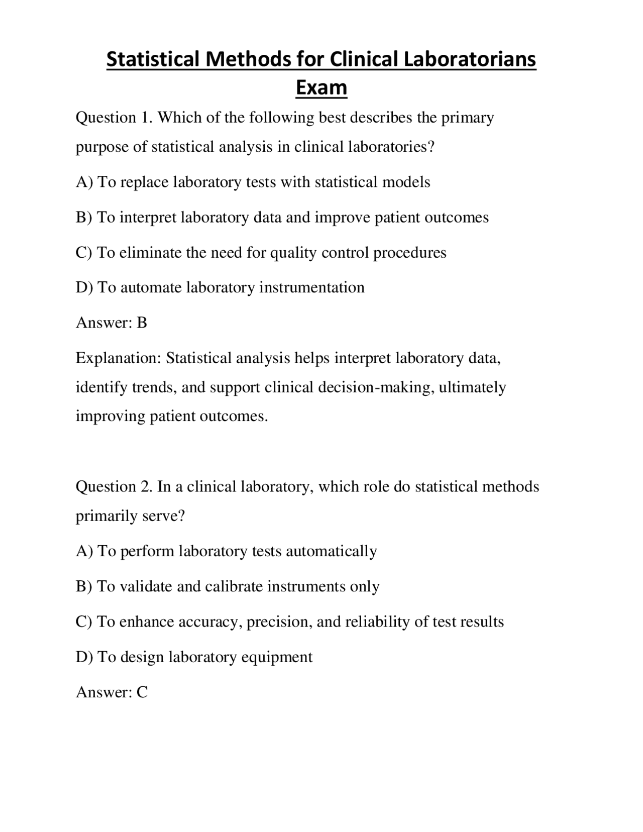 Statistical Methods for Clinical Laboratorians Exam | Exams Technology | Docsity