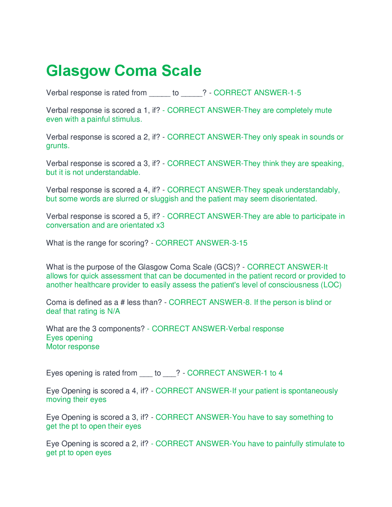 Glasgow Coma Scale Questions + Answers Graded A+ | Exams Advanced ...