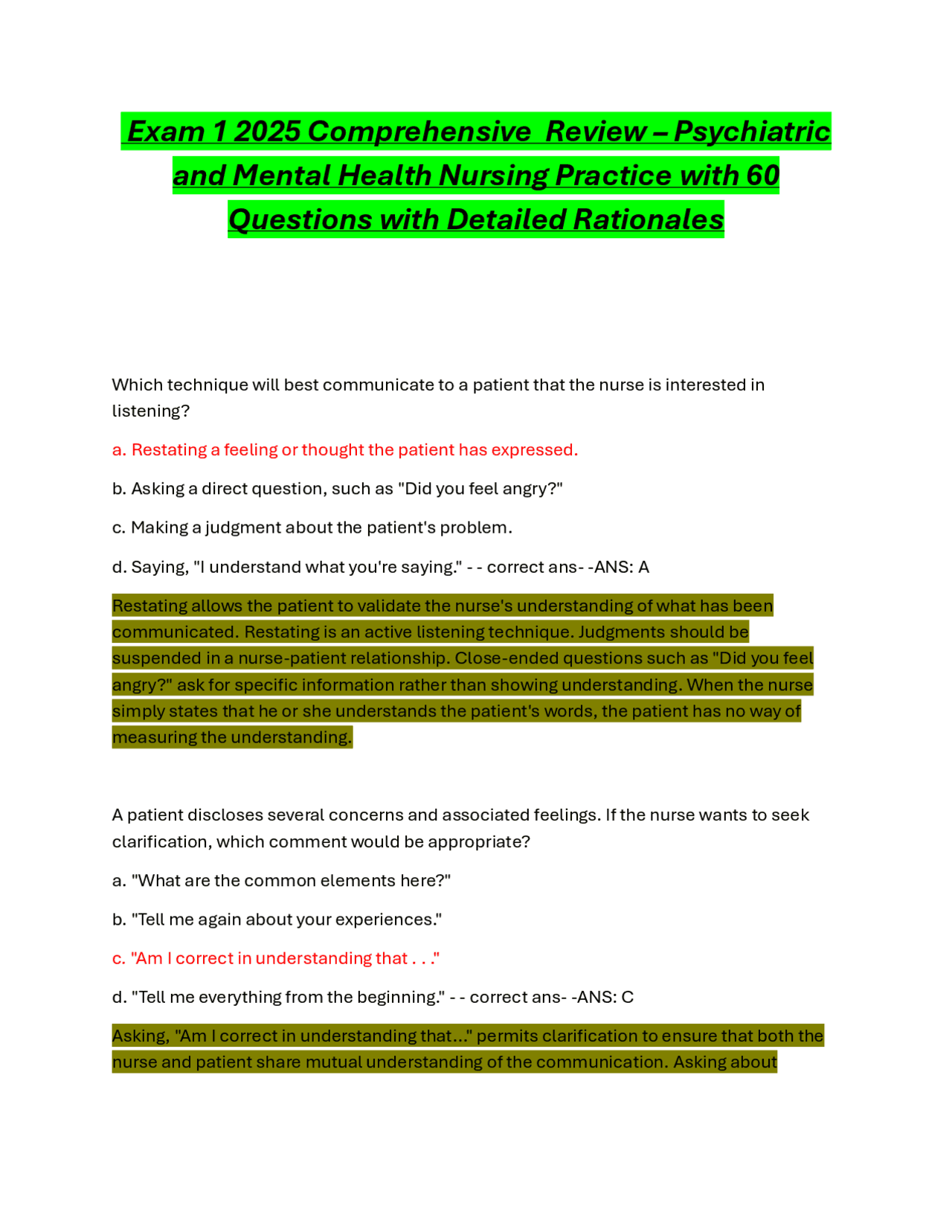 Exam 1 2025 Comprehensive Review – Psychiatric and Mental Health ...