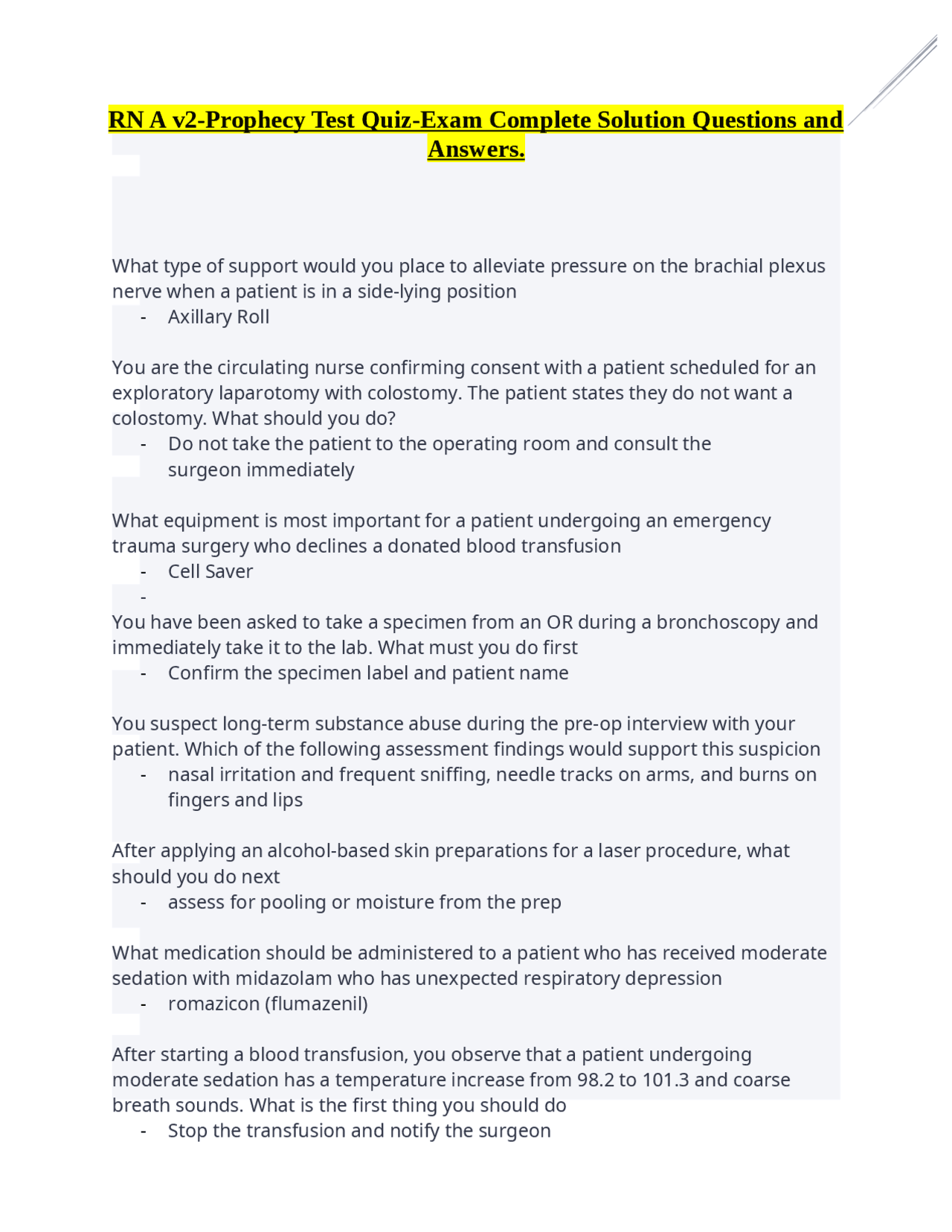 RN A v2-Prophecy Test Quiz-Exam Complete Solution Questions and Answers ...