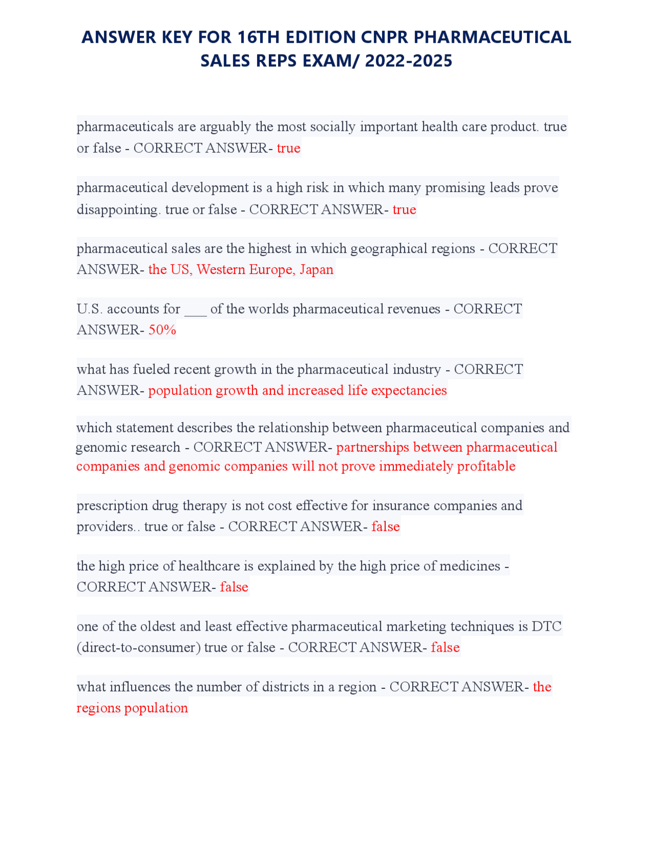 ANSWER KEY FOR 16TH EDITION CNPR PHARMACEUTICAL SALES REPS EXAM/ 2022 ...