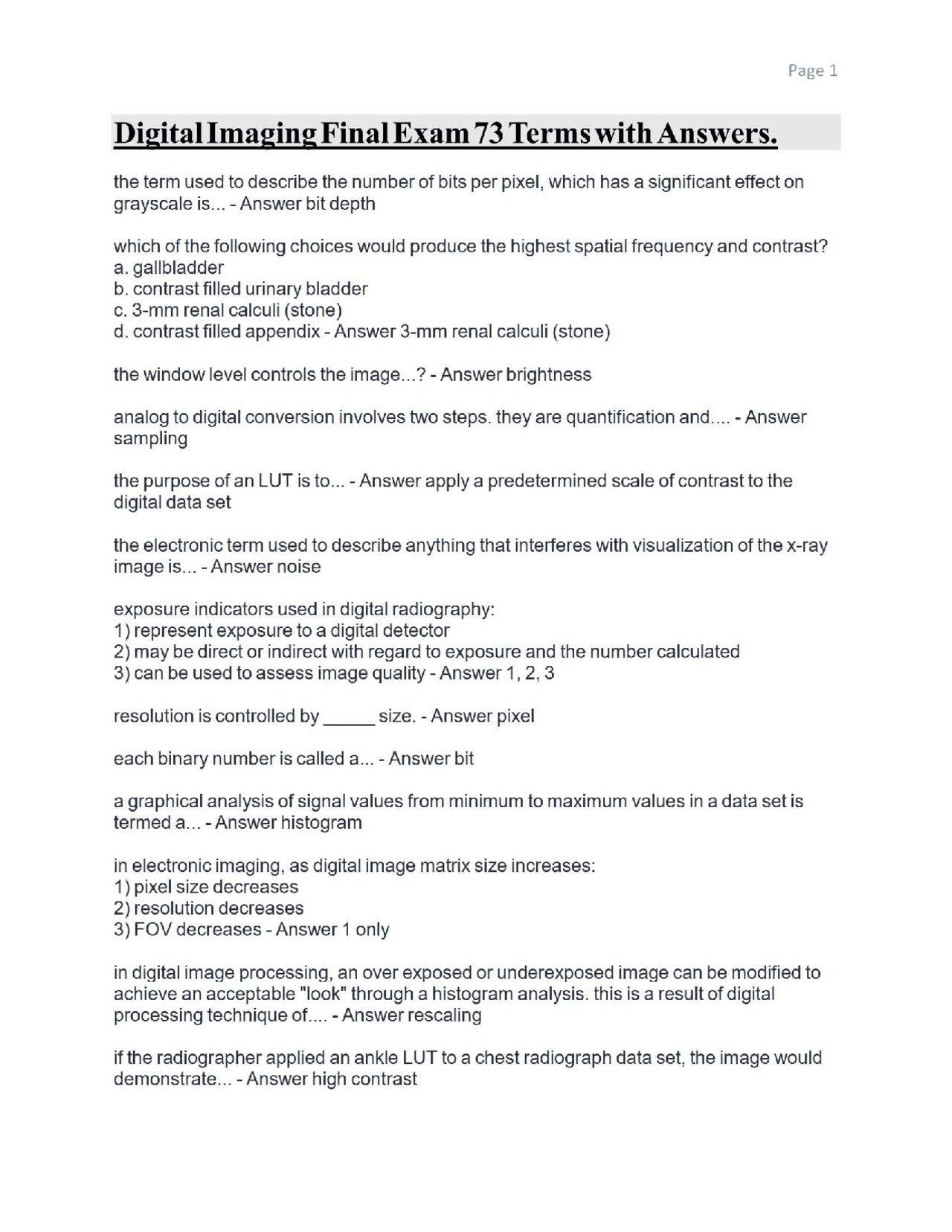 Digital Imaging Final Exam 73 Terms with Answers. | Exams Medical ...
