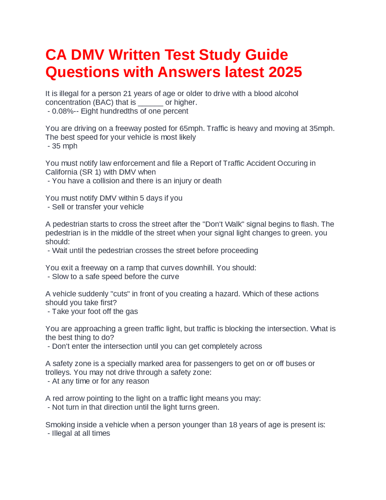 CA DMV Written Test Study Guide Questions with Answers latest 2025 ...