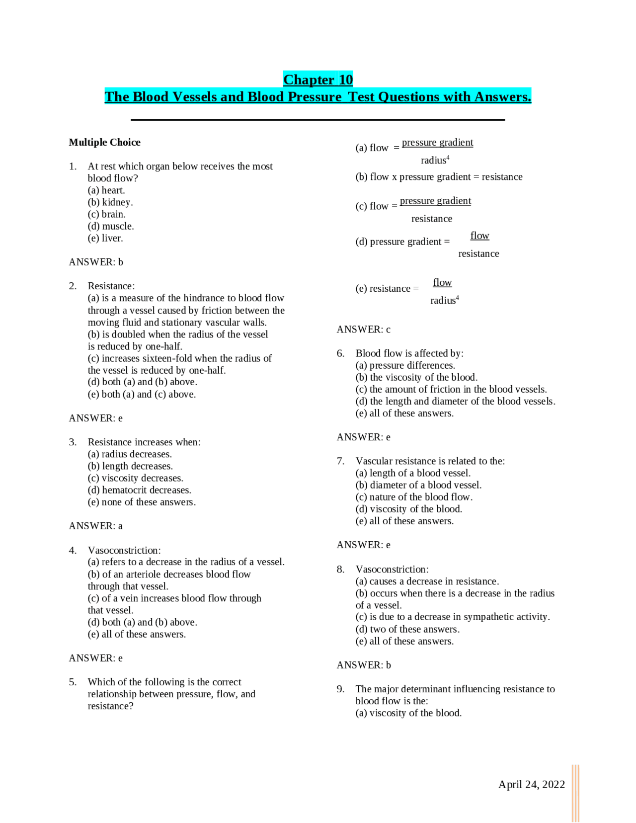 Chapter 10 The Blood Vessels and Blood Pressure Test Questions with ...