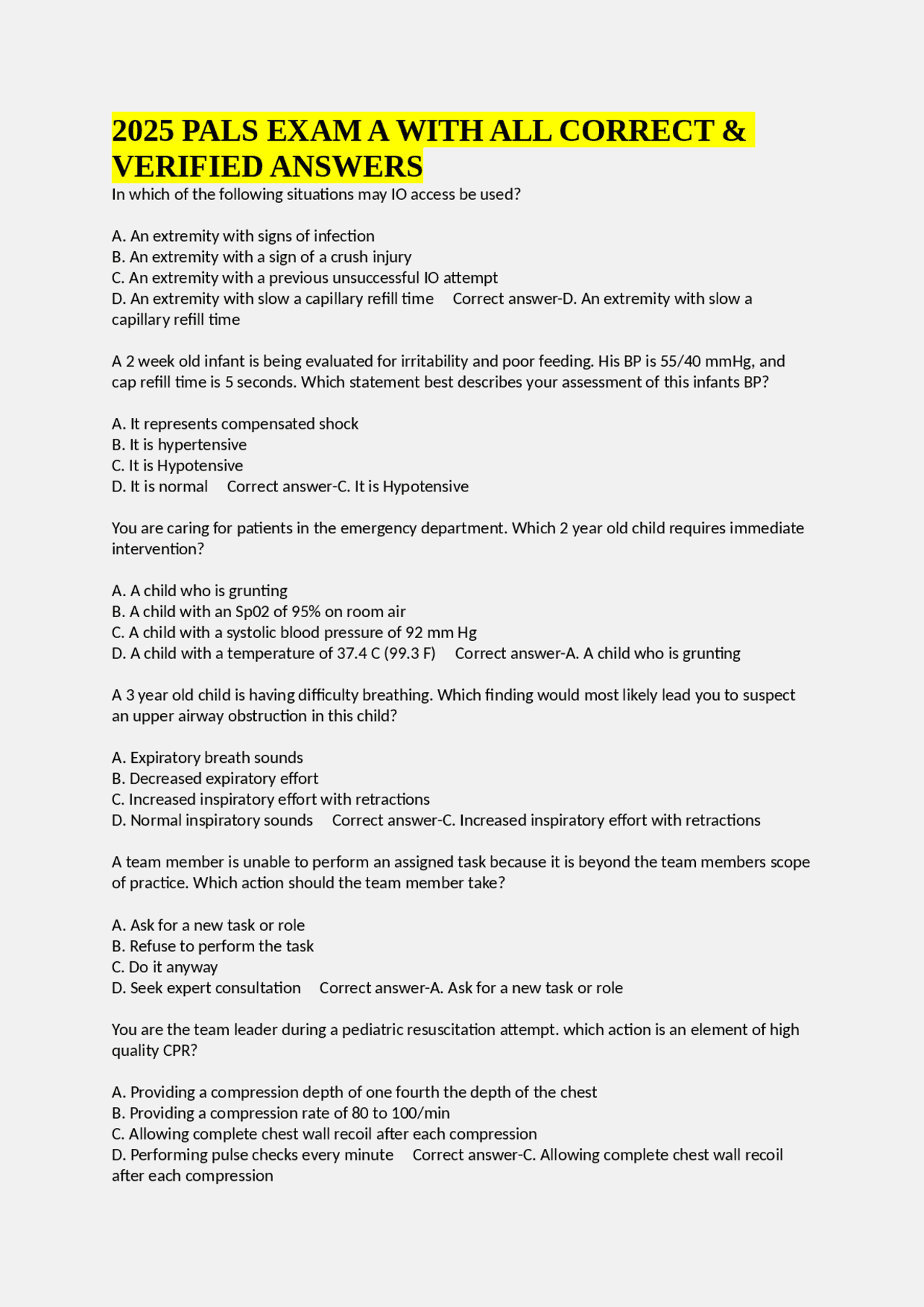 PALS 2025 EXAM WITH ALL CORRECT & VERIFIED ANSWERS | Exams Nursing ...