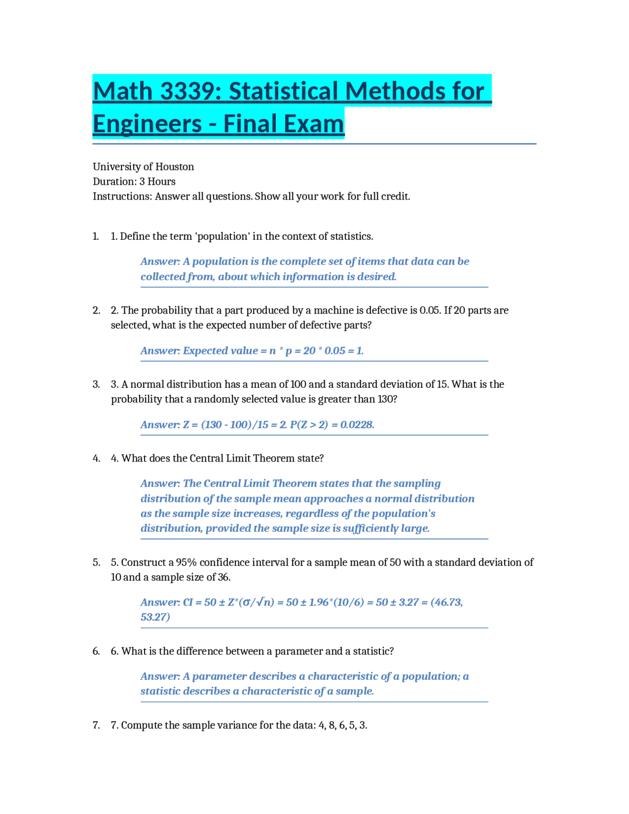 Math 3339: Statistical Methods for Engineers - Final Exam with correct ...