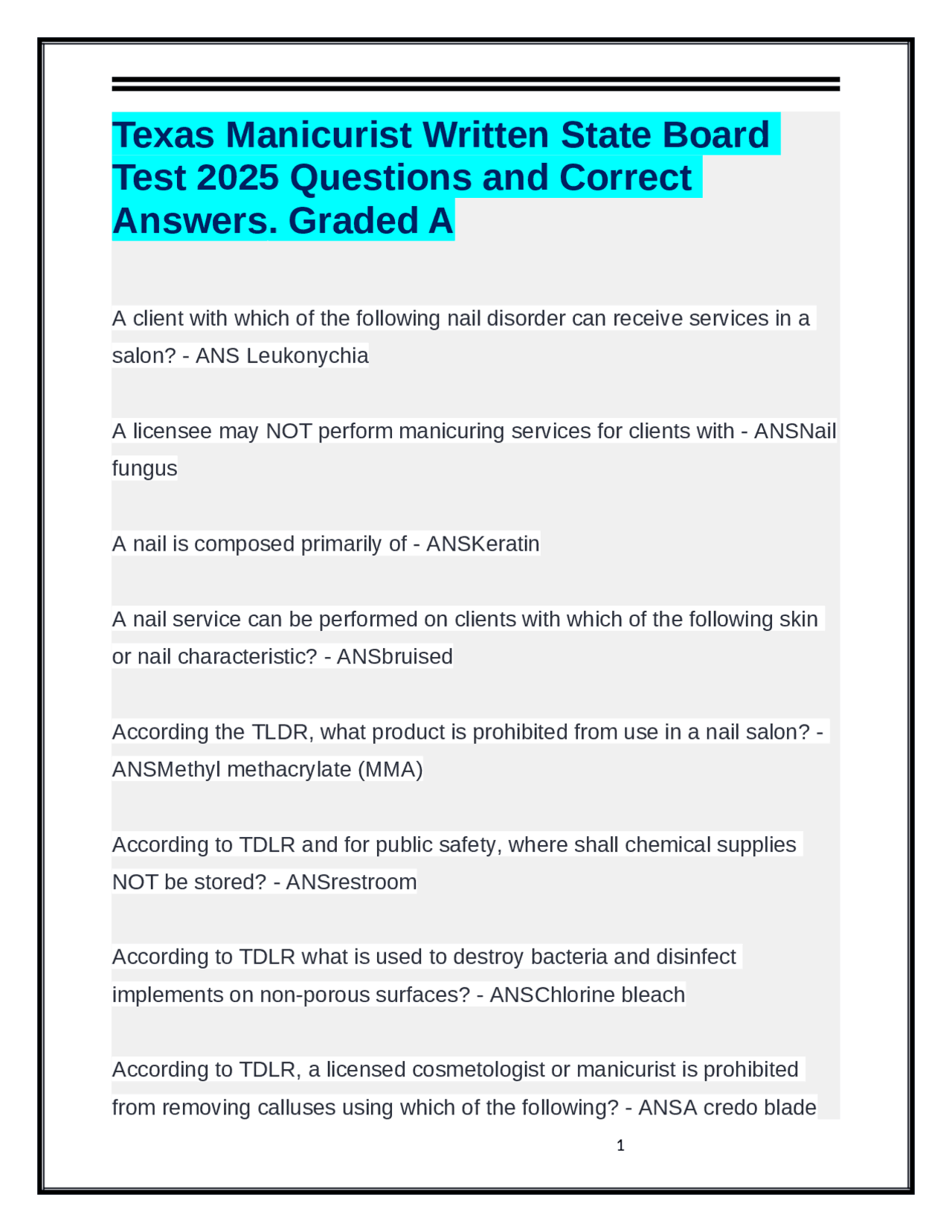 Texas Manicurist Written State Board Test 2025 Questions and Correct ...