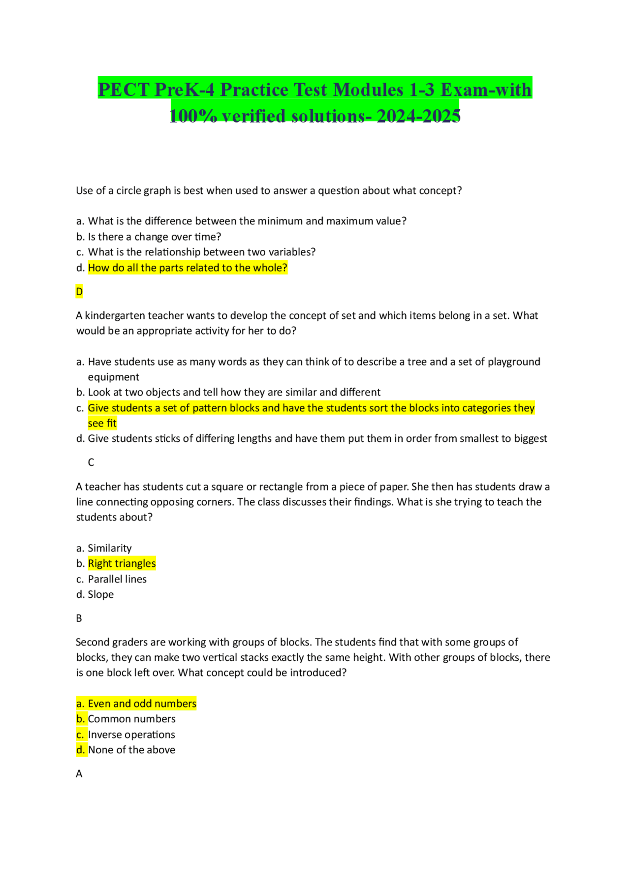 PECT PreK-4 Practice Test Modules 1-3 Exam-with 100% verified solutions ...