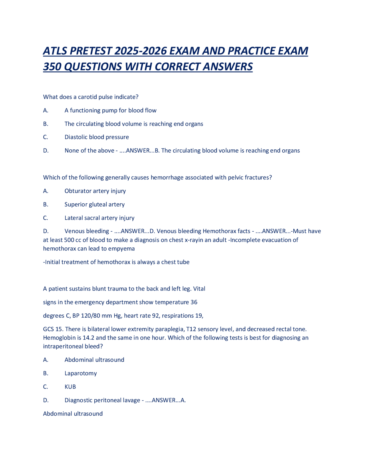 ATLS Pretest & Practice Exam 2025–2026 – 350 Verified Questions and ...