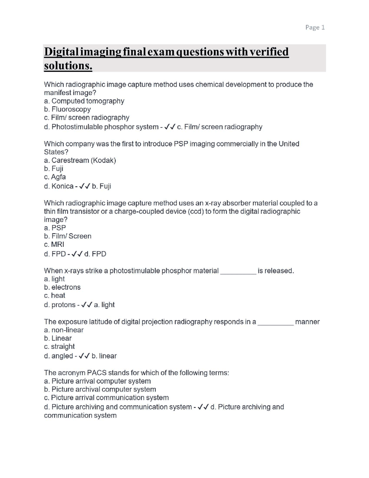 Digital imaging final exam questions with verified solutions. | Exams ...