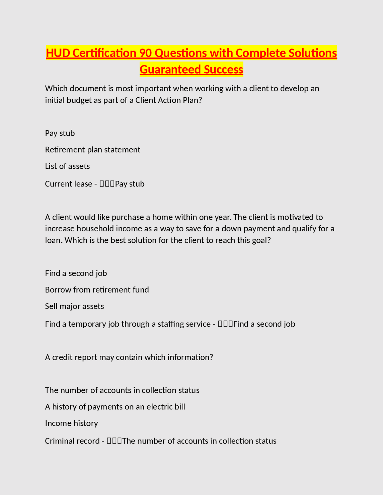 HUD Certification 90 Questions with Complete Solutions Guaranteed ...