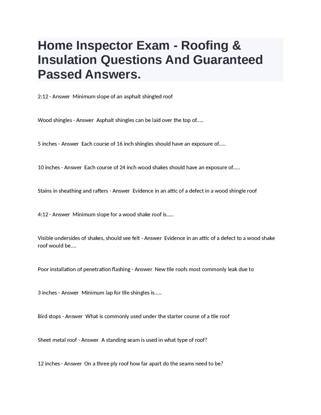 Home Inspector Exam - Roofing & Insulation Questions And Guaranteed ...