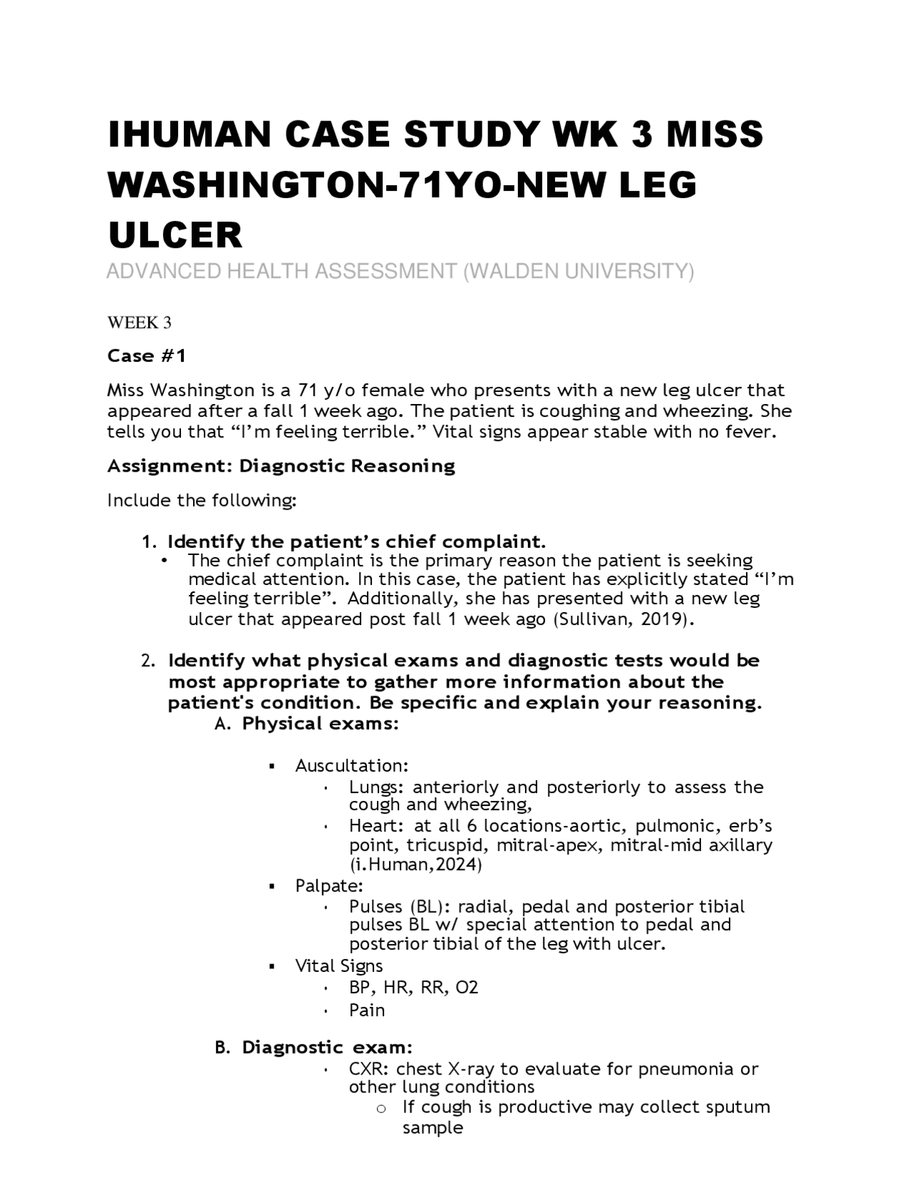 IHUMAN CASE STUDY WK 3 MISS WASHINGTON-71YO-NEW LEG ULCER | Lab Reports ...
