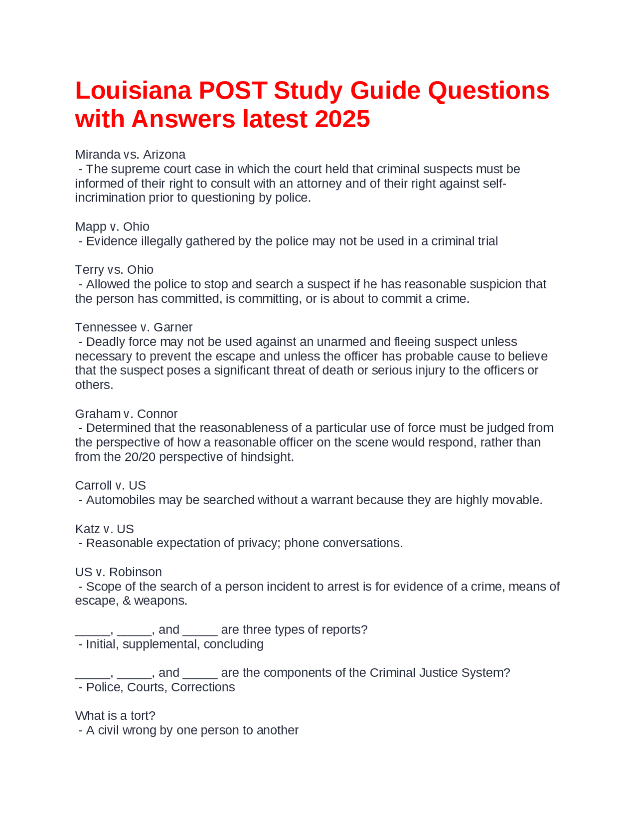 Louisiana POST Study Guide Questions with Answers latest 2025 | Exams ...