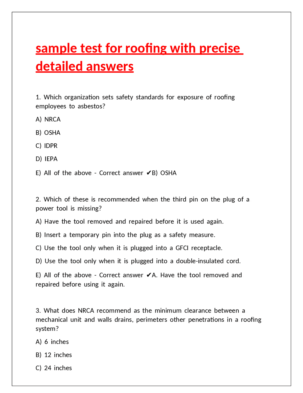 sample test for roofing with precise detailed answers | Exams Building ...