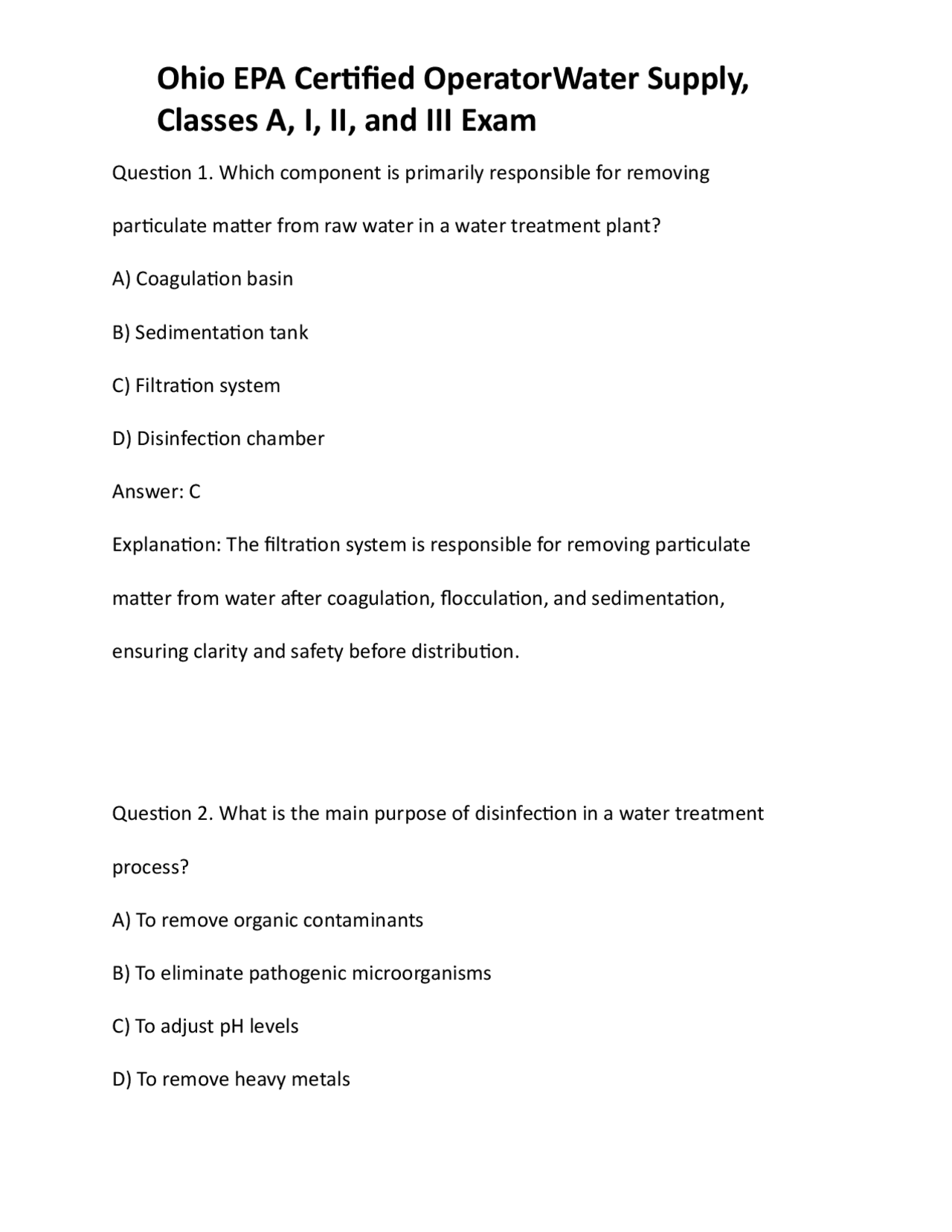Ohio EPA Certified OperatorWater Supply, Classes A, I, II, and III Exam ...
